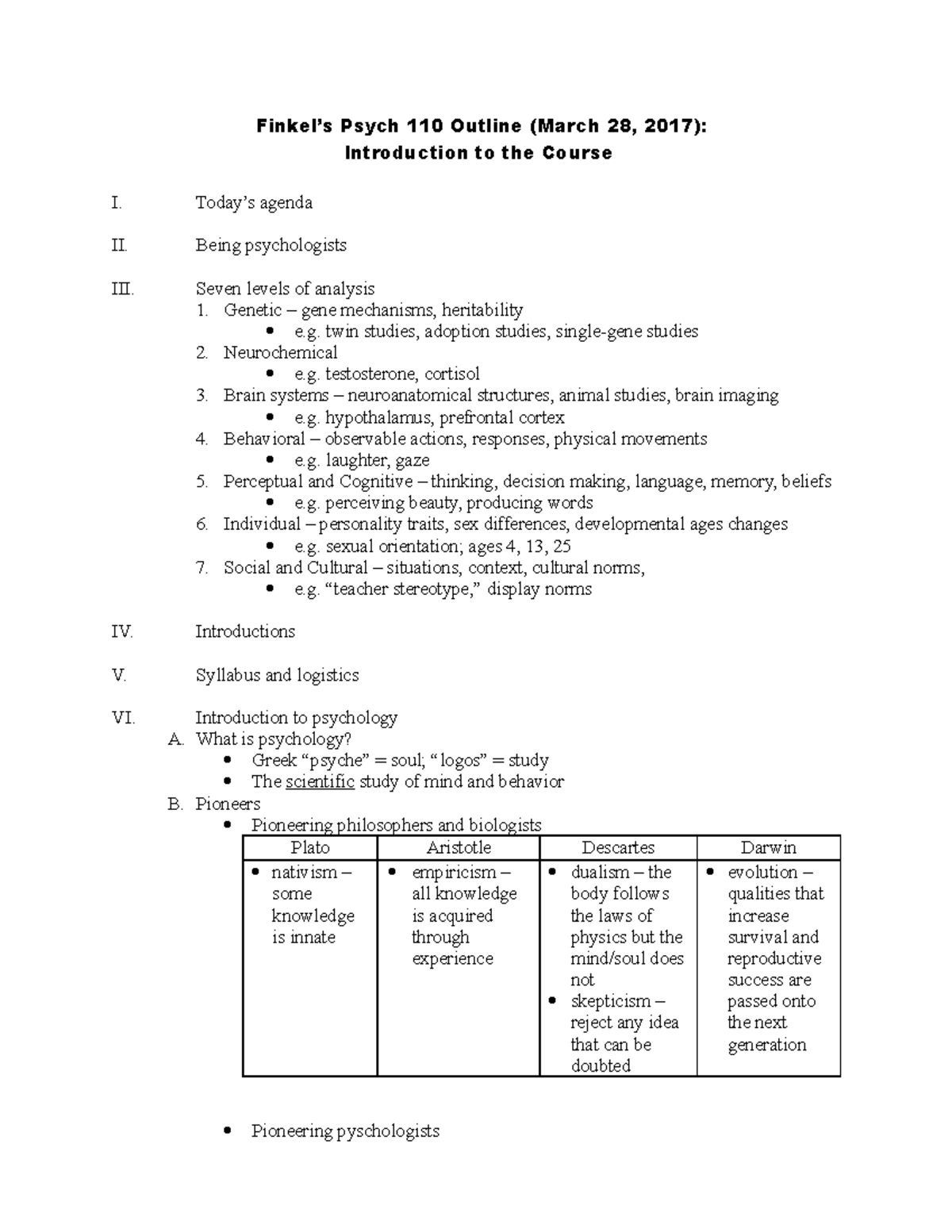 01 Introduction - Lecture notes 1 - Introduction To Psychology - Finkel ...