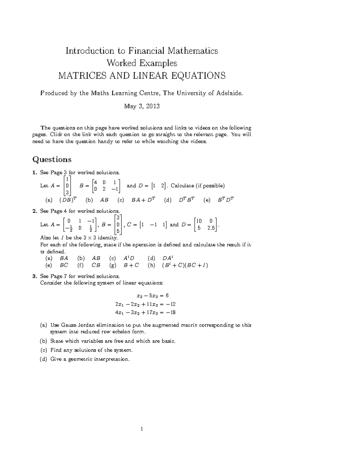 Lecture notes, lecture MATRICES AND LINEAR EQUATIONS - Introduction to ...