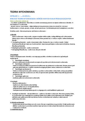 Teoria Wychowania - WYKŁADY - TEORIA WYCHOWANIA – WYKŁADY Teoria wychowania jest częścią ...
