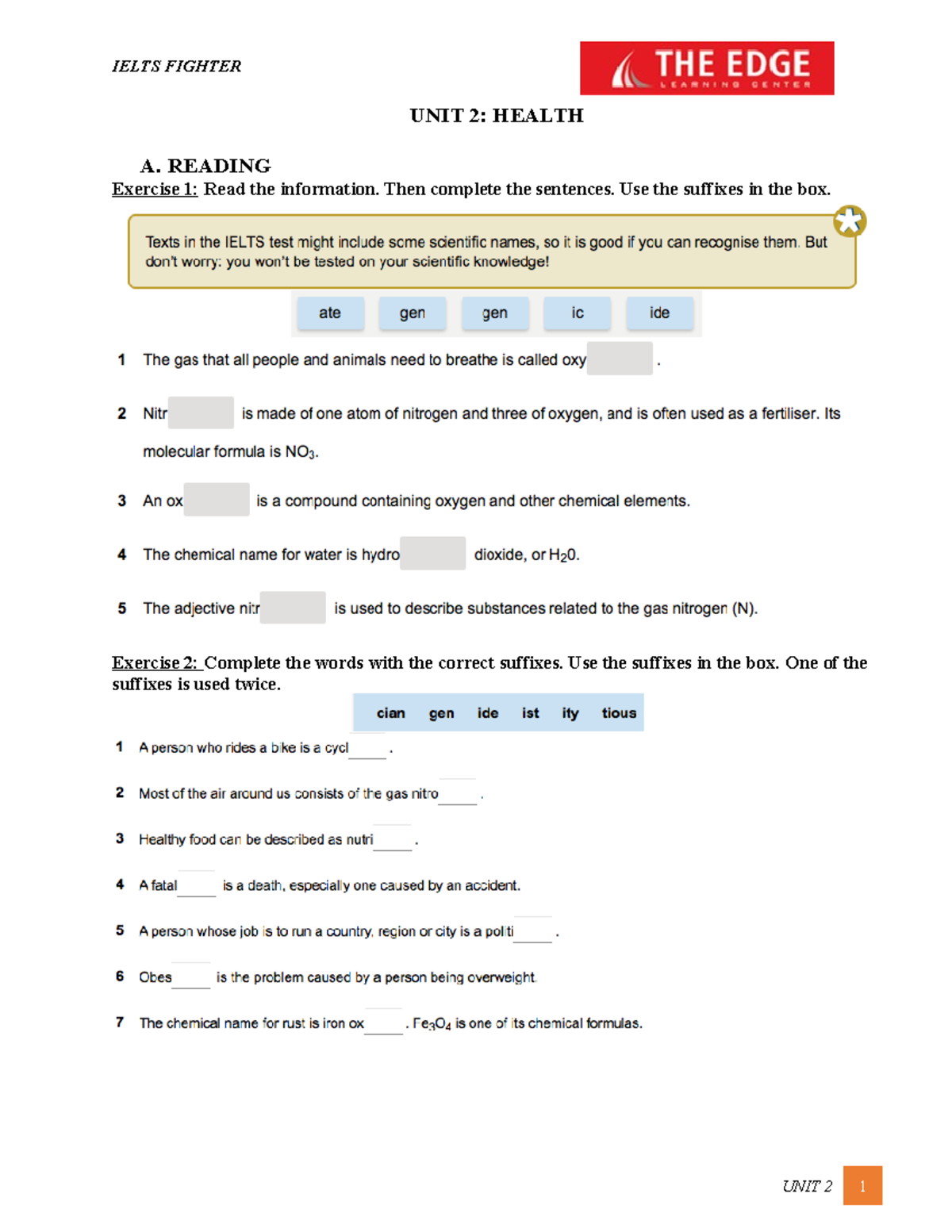 UNIT 2 Student - to practice english skills - UNIT 2: HEALTH A. READING ...
