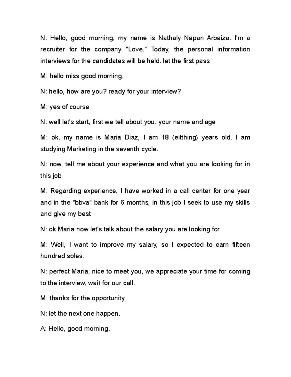 Dialogo semana 11 ingles - N: Hello, good morning, my name is Nathaly ...