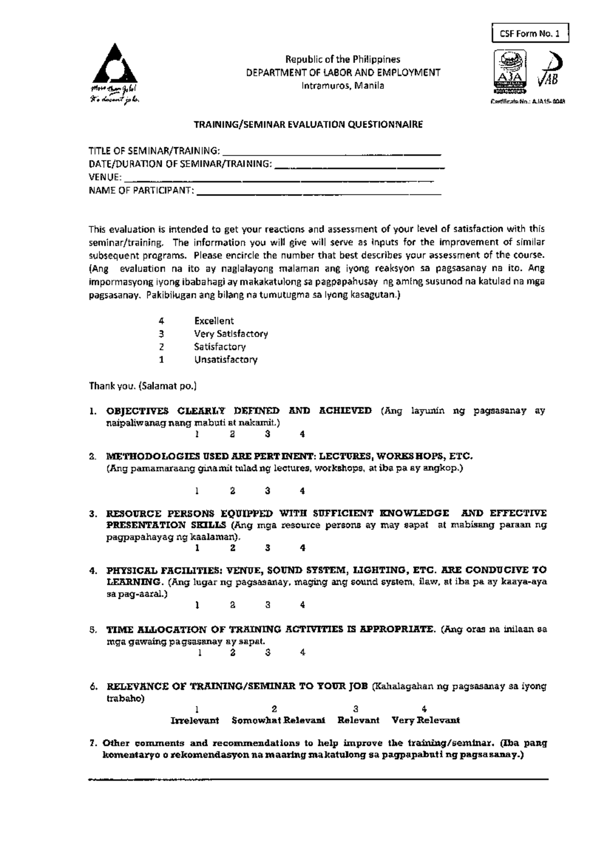 CSF Form 1 Training Seminar Evaluation Questionnaire - BSED English ...