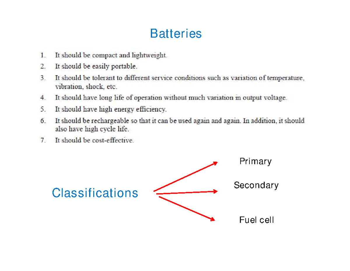 Batteries Btech - Batteries Classifications Primary Secondary Fuel cell ...