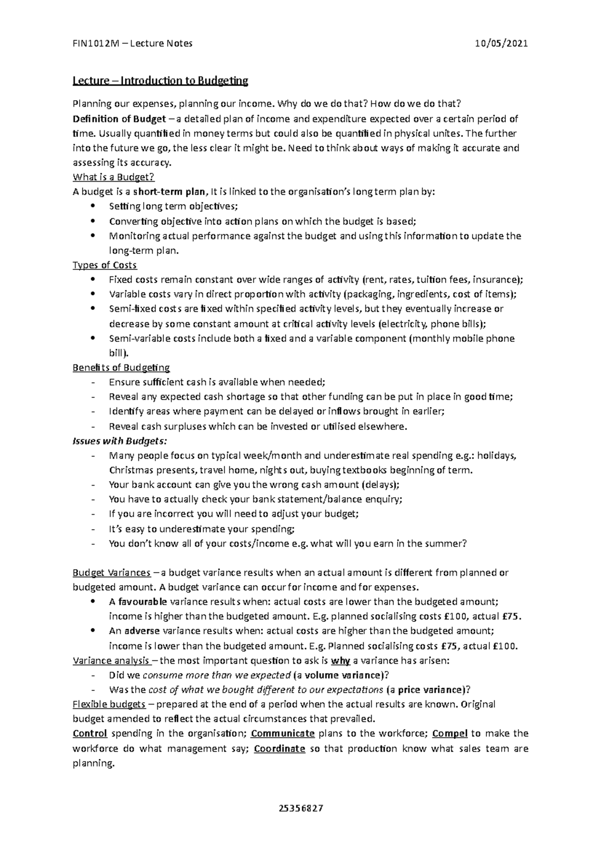 Lecture - intro to budgeting - FIN1012M – Lecture Notes 10/05/ Lecture ...