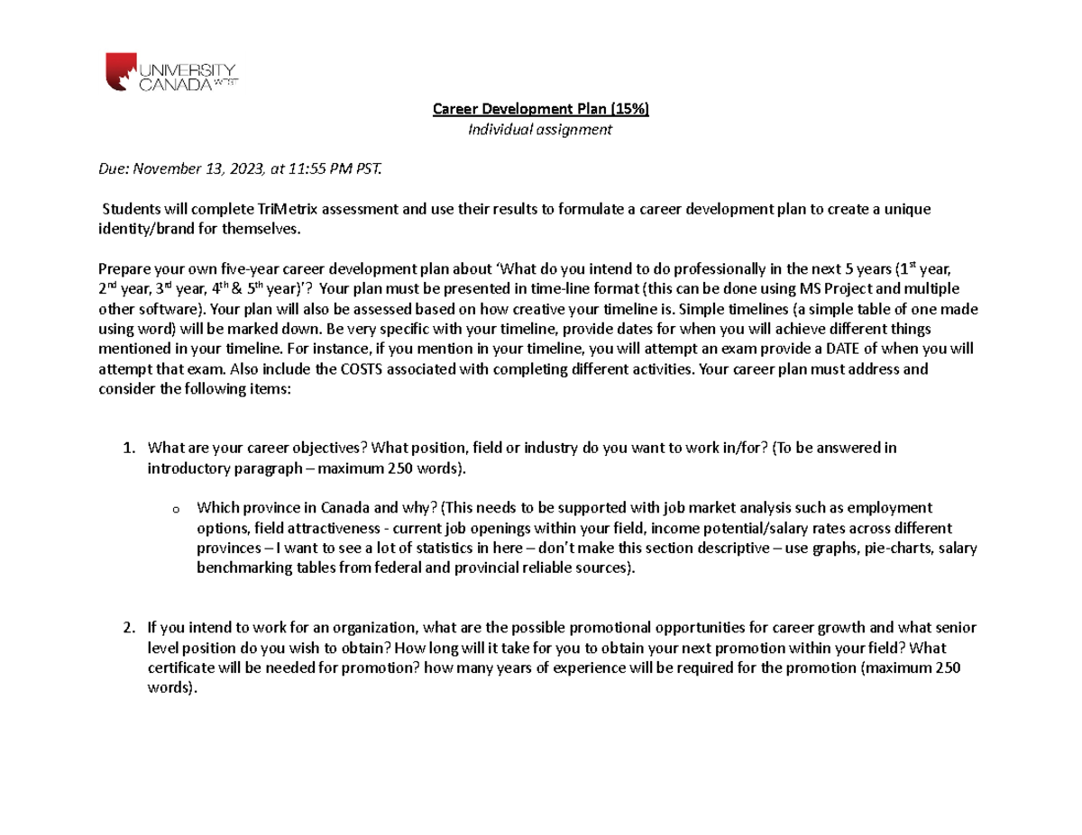 Career Development Plan - Students will complete TriMetrix assessment ...