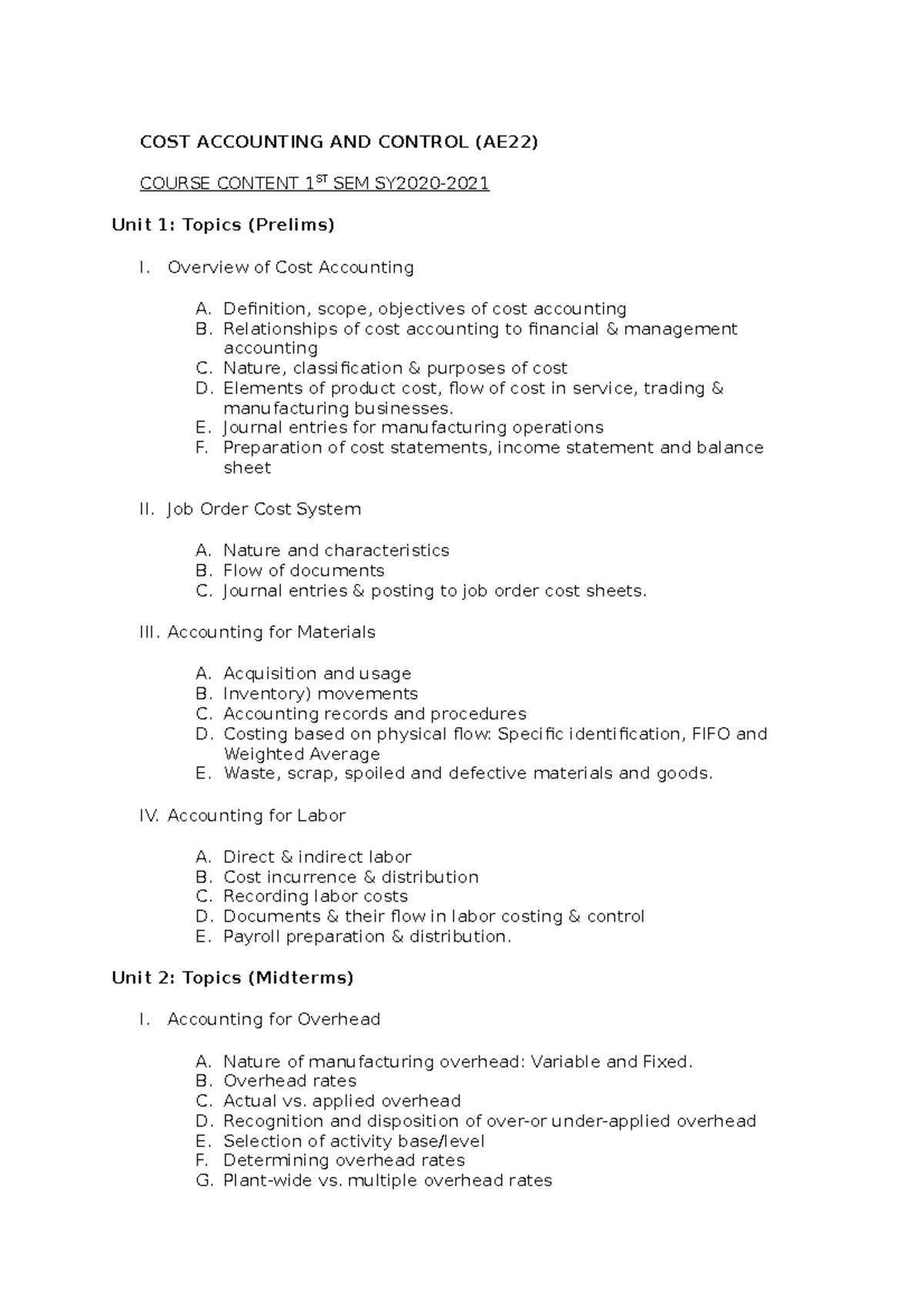 Cost-Accounting-and-control course-content-2020 - COST ACCOUNTING AND ...