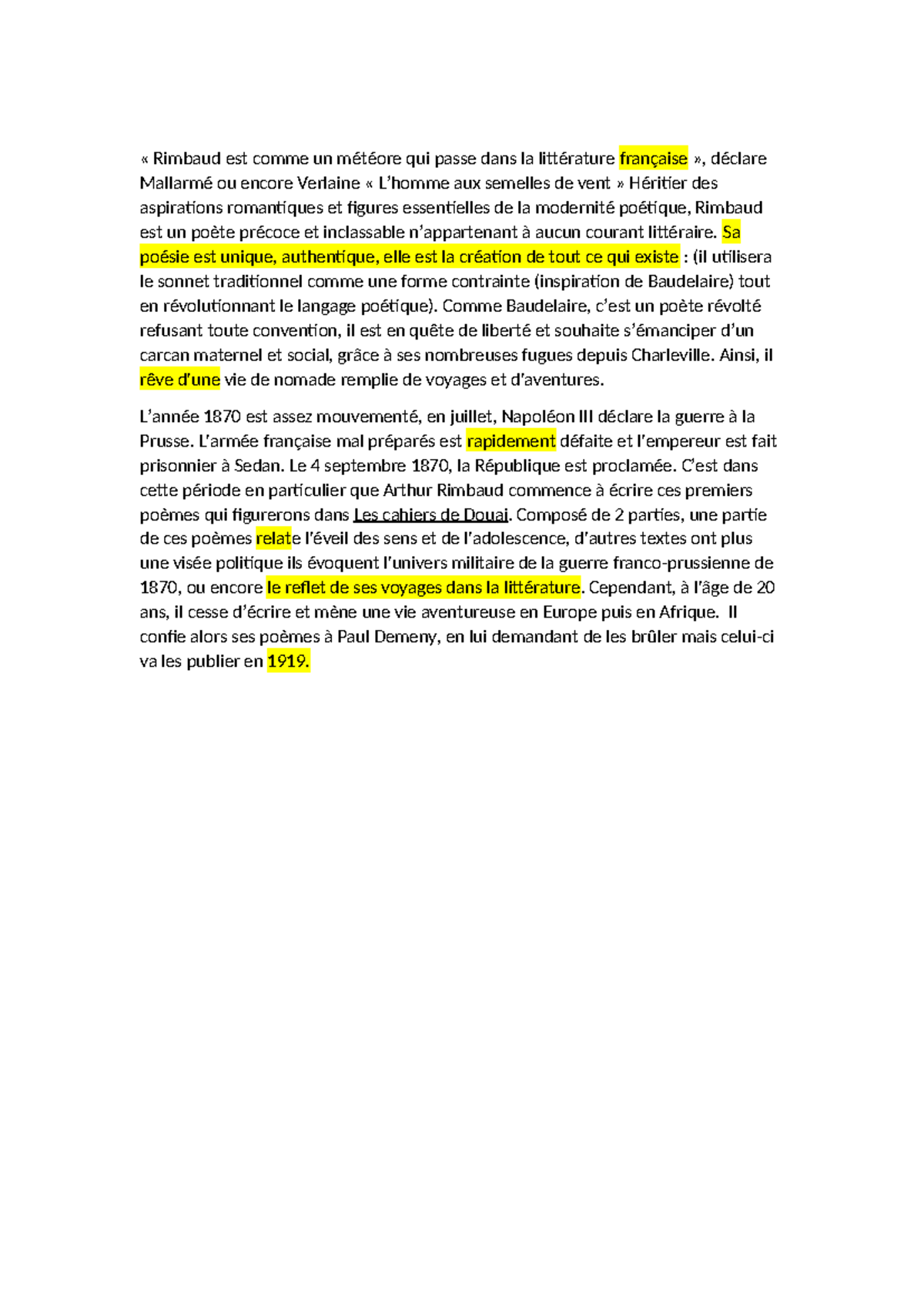 Introduction - Rimbaud - « Rimbaud est comme un météore qui passe dans ...