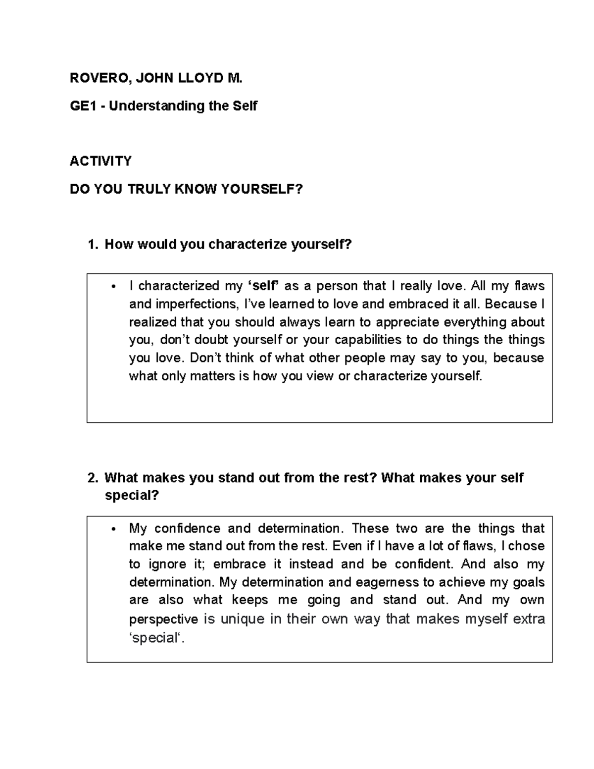 Activity (Understanding the Self) Rovero - ROVERO, JOHN LLOYD M. GE1 ...