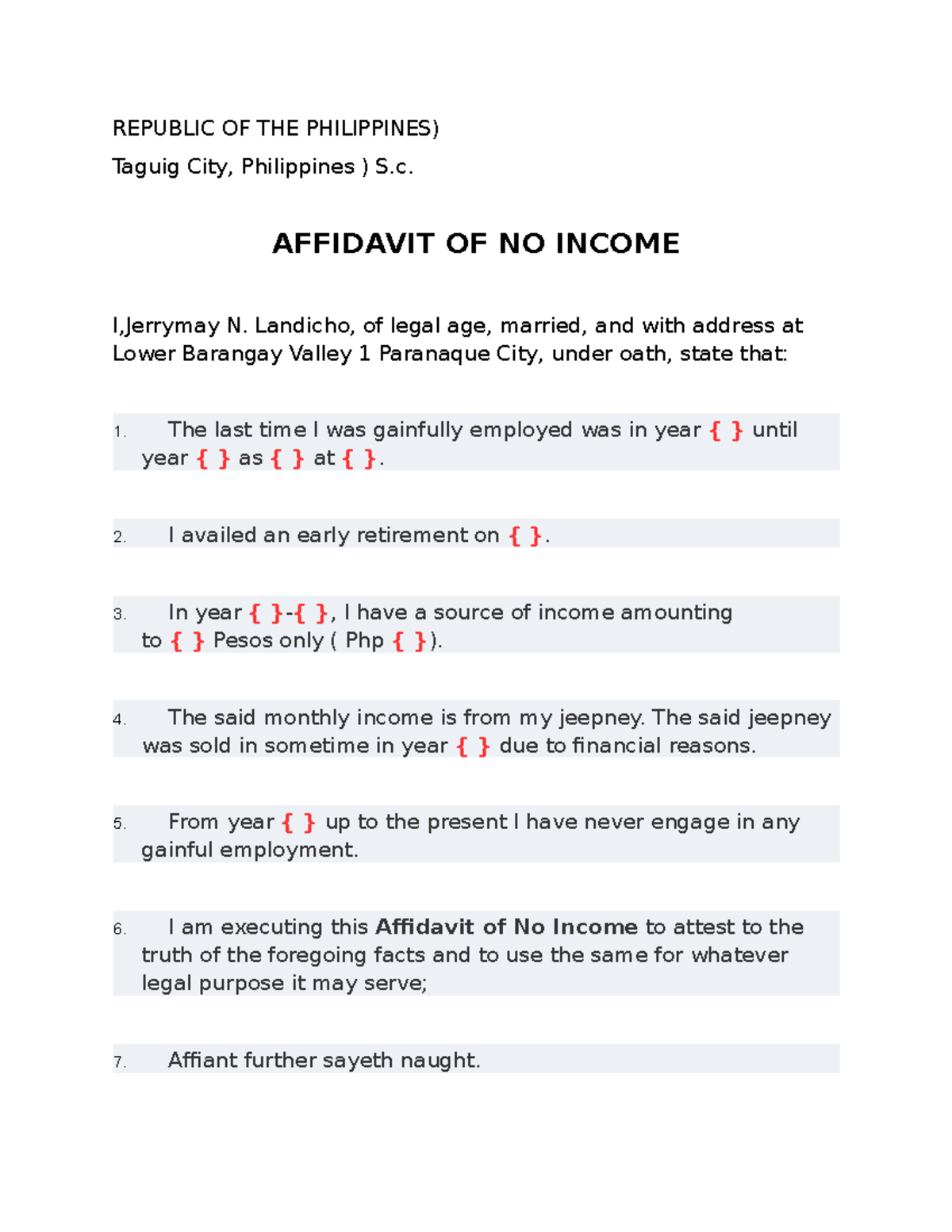 Affidavit of no income - REPUBLIC OF THE PHILIPPINES) Taguig City ...