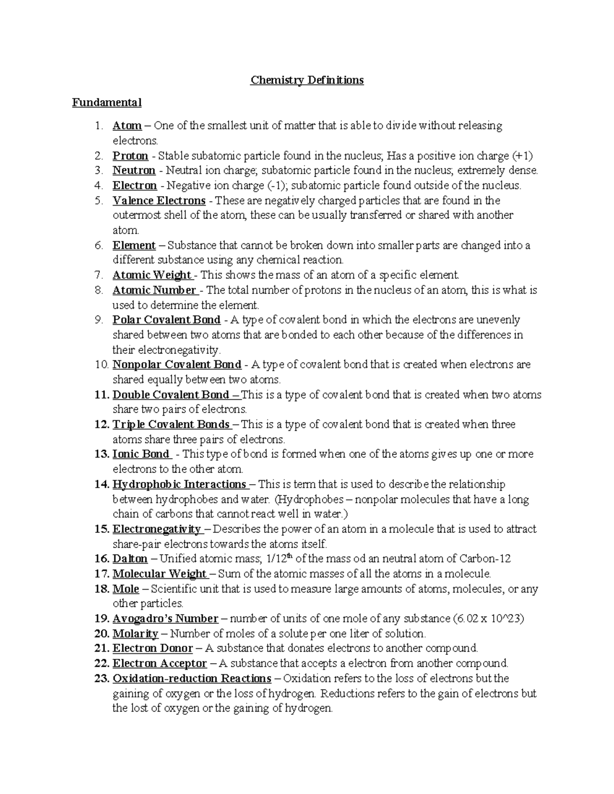 Chemistry Definitions - Chemistry Definitions Fundamental Atom – One of ...