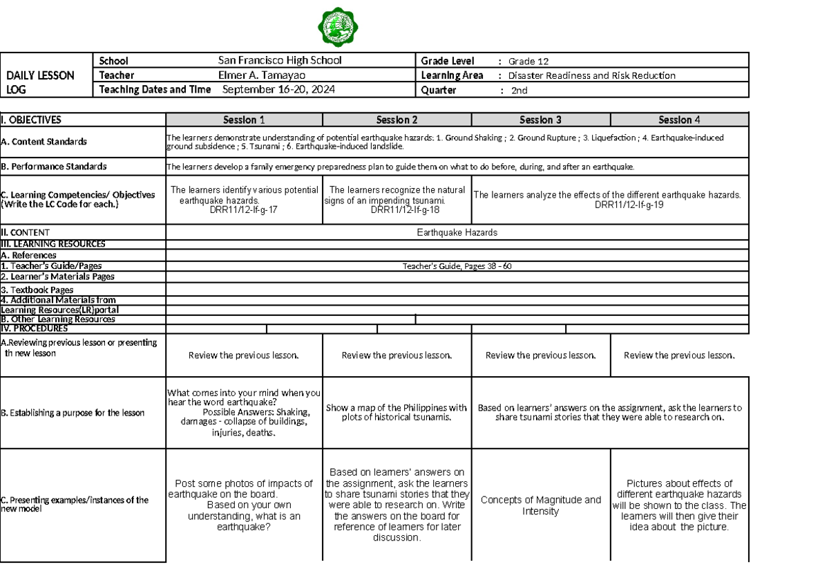 Dll drrr week 6 - Dll - DAILY LESSON LOG School San Francisco High ...