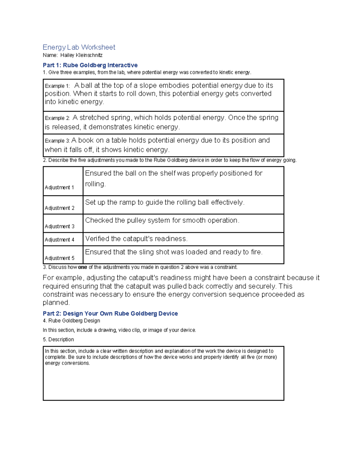 2.01 science Energy Lab Worksheet - Energy Lab Worksheet Name: Hailey ...