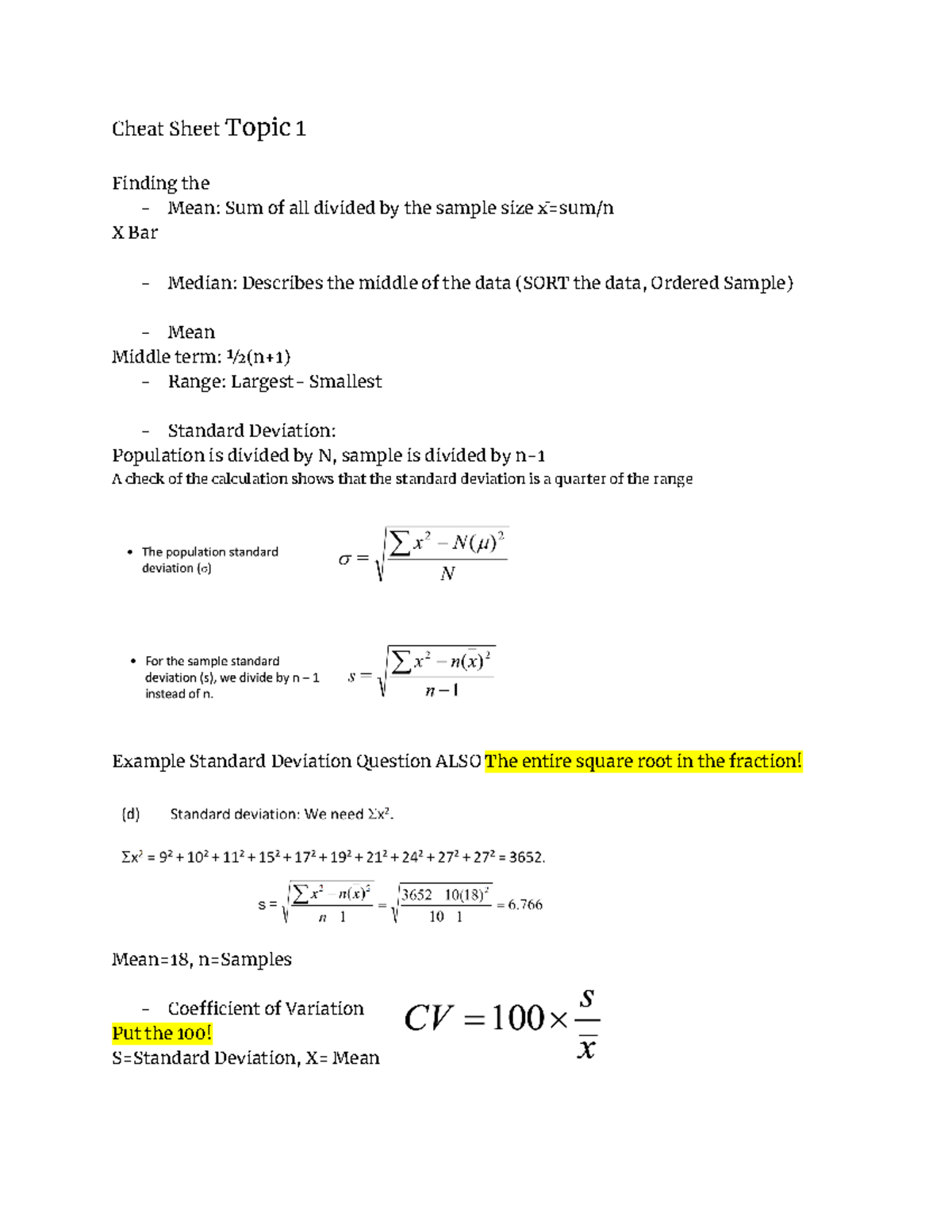 Cheat Sheet - Google Docs - Cheat Sheet Topic 1 Finding the - Mean: Sum ...