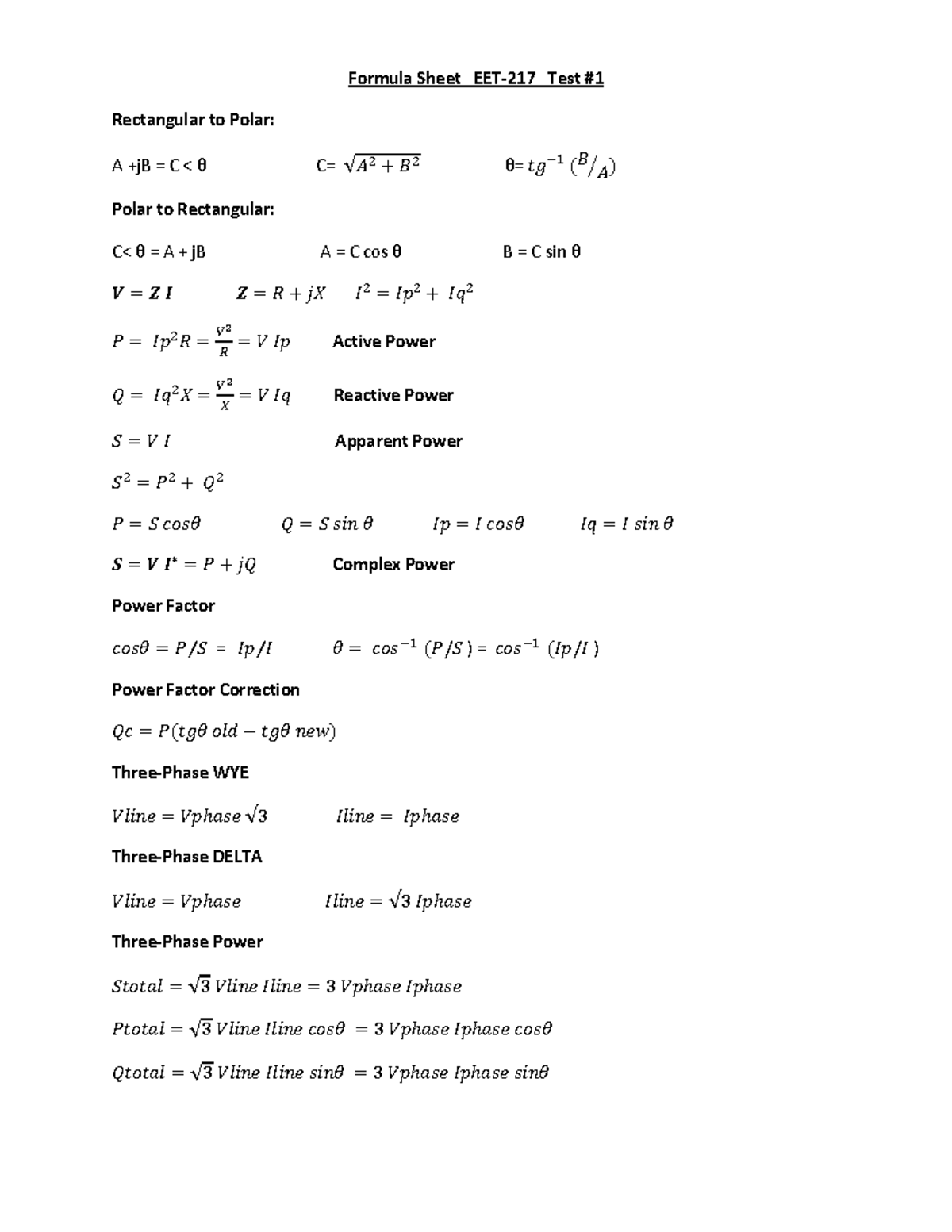 Formula Sheet EET 217 Test 1 - Studocu