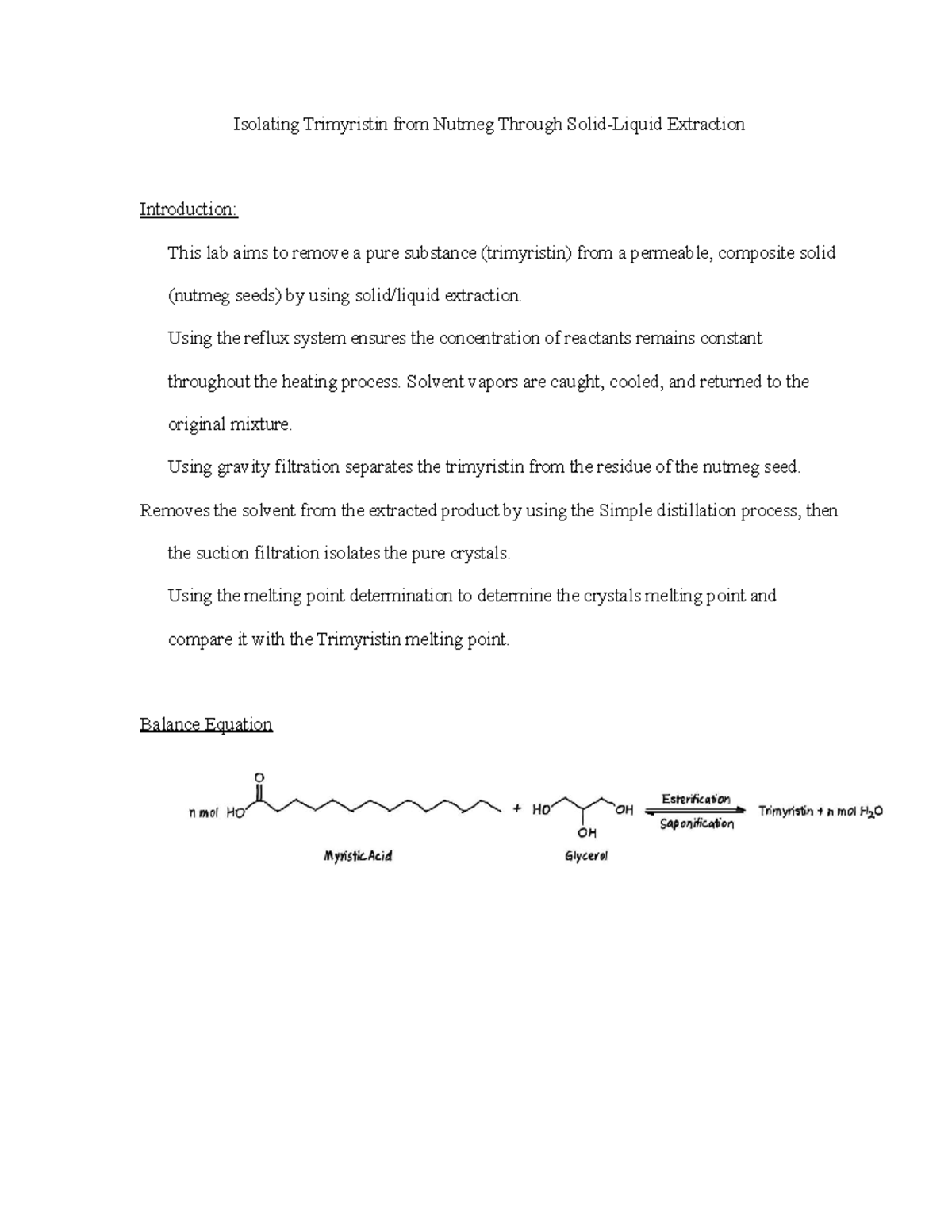 Experiment 3 full report - Isolating Trimyristin from Nutmeg Through ...