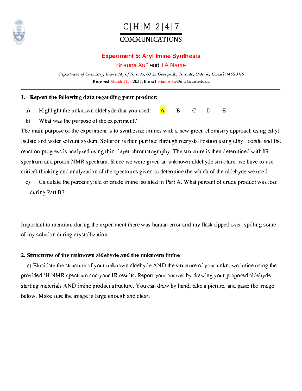 Brief Lab Report Template w 2022 V - C│H│M│ 2 │ 4 │ 7 COMMUNICATIONS ...