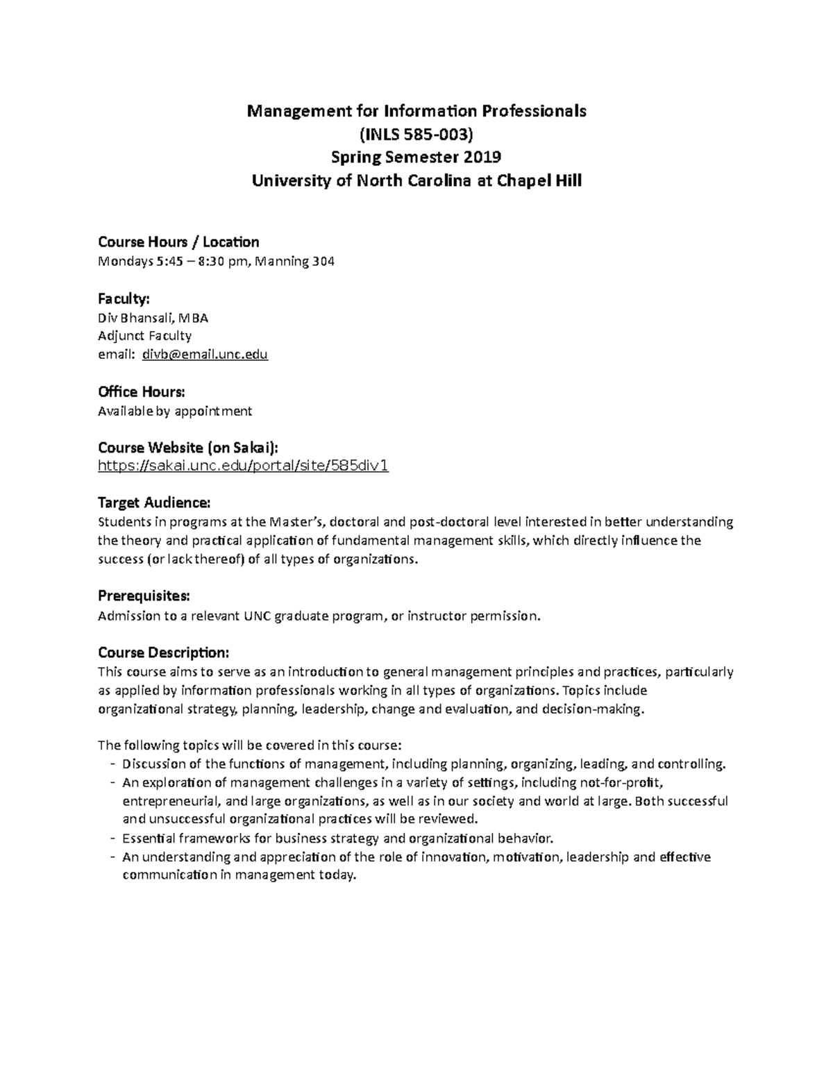 Mgmt for Info Professionals syllabus v1 - Management for Information ...