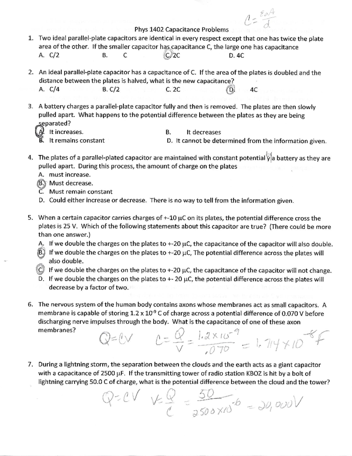 Phys 1402 Capacitor Problems Key - PHYS 1402 - Studocu