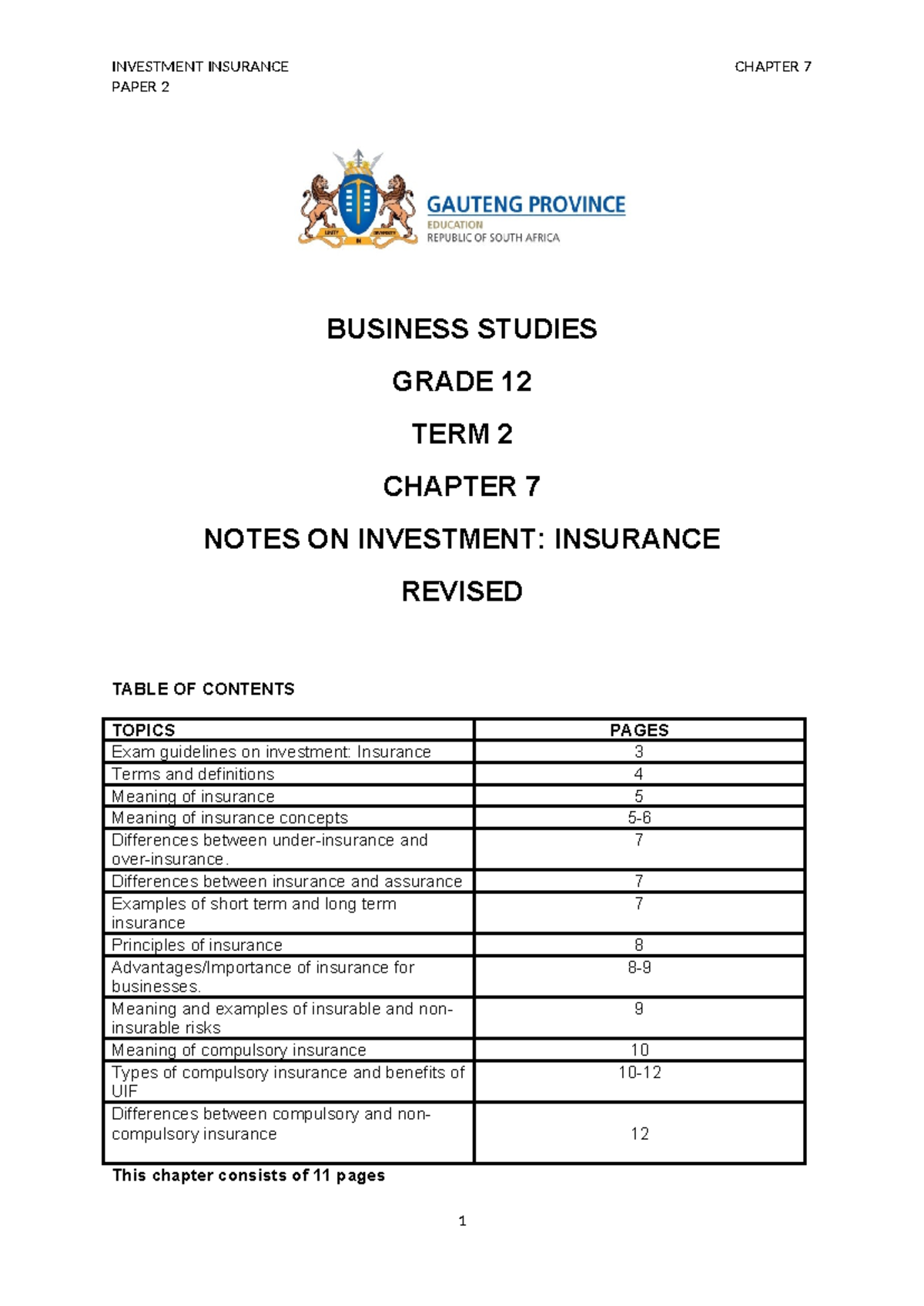 Gr12 chapter 7-Insurance - PAPER 2 BUSINESS STUDIES GRADE 12 TERM 2 ...