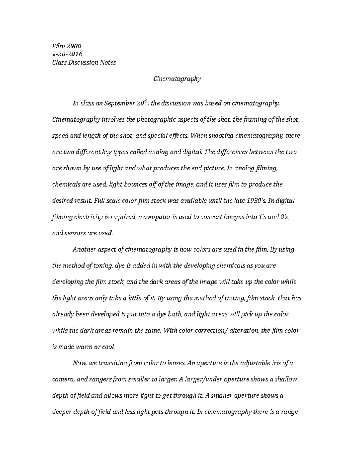 Cinematography Paper - Grade A - Film 2900 Class Discussion Notes ...