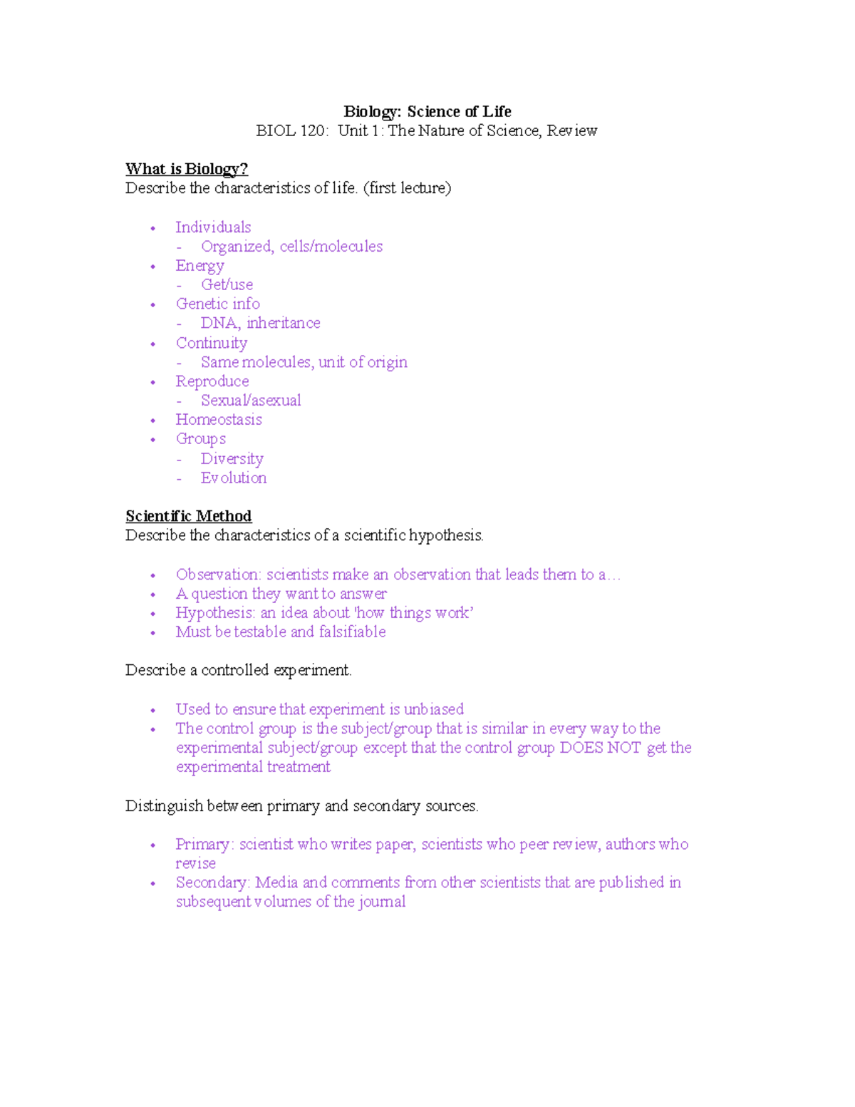 Unit 1 Review - Lecture notes Unit 1 - Biology: Science of Life BIOL ...