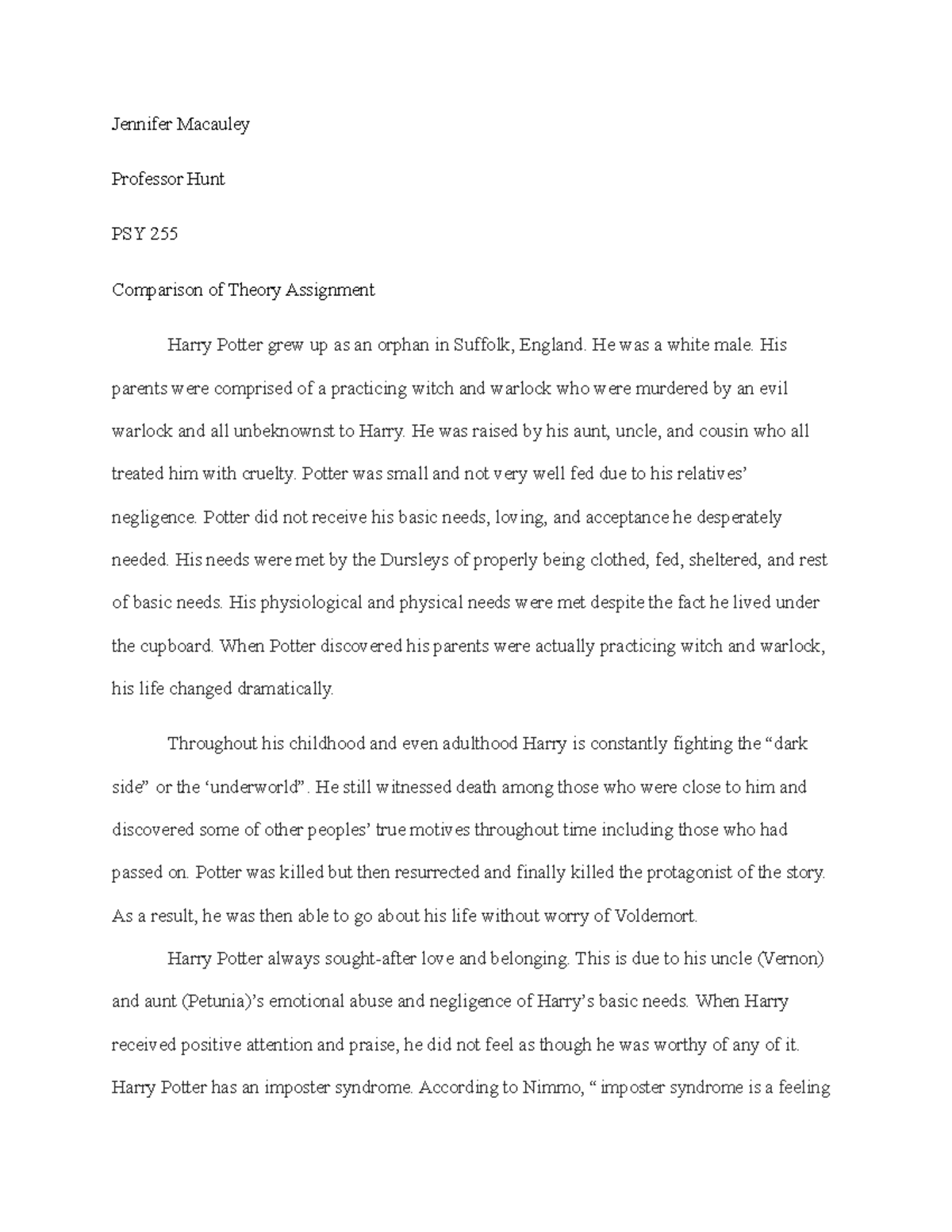 PSY 255 Comparison of Theories Jennifer Macauley - Jennifer Macauley ...