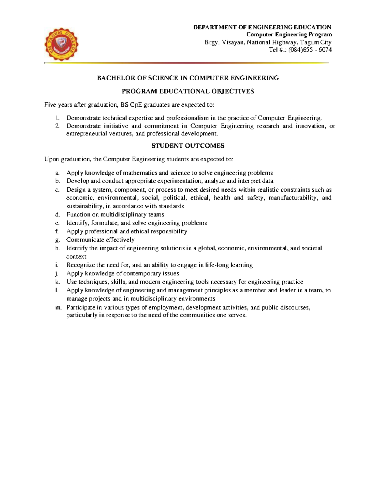 3 - trtrt - DEPARTMENT OF ENGINEERING EDUCATION Computer Engineering Program Brgy. Visayan ...