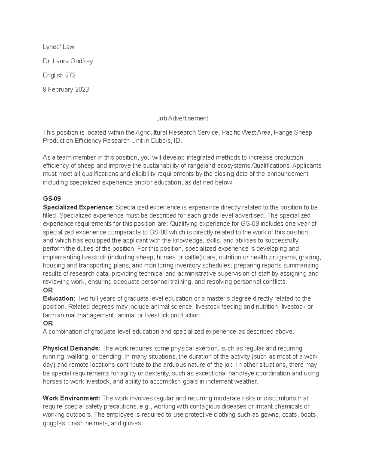 Employment Cover Letter Assignment - Lynee’ Law Dr. Laura Godfrey ...