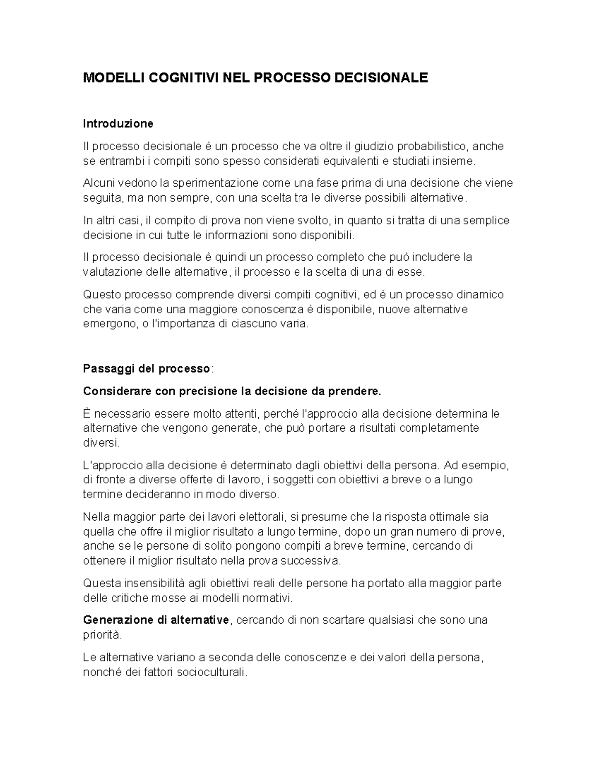 Modelli cognitivi nel processo decisionale - MODELLI COGNITIVI NEL ...