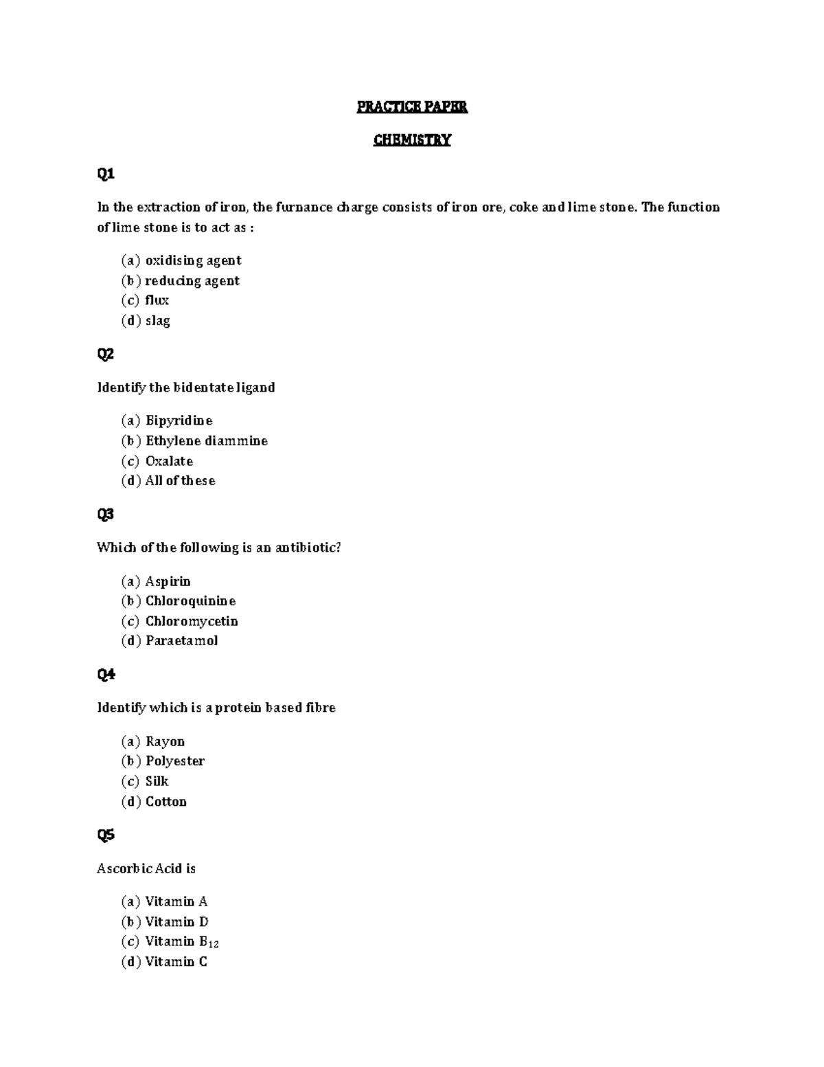 KEAM Entrance Practice Question paper 2 - PRACTICE PAPER CHEMISTRY Q In ...
