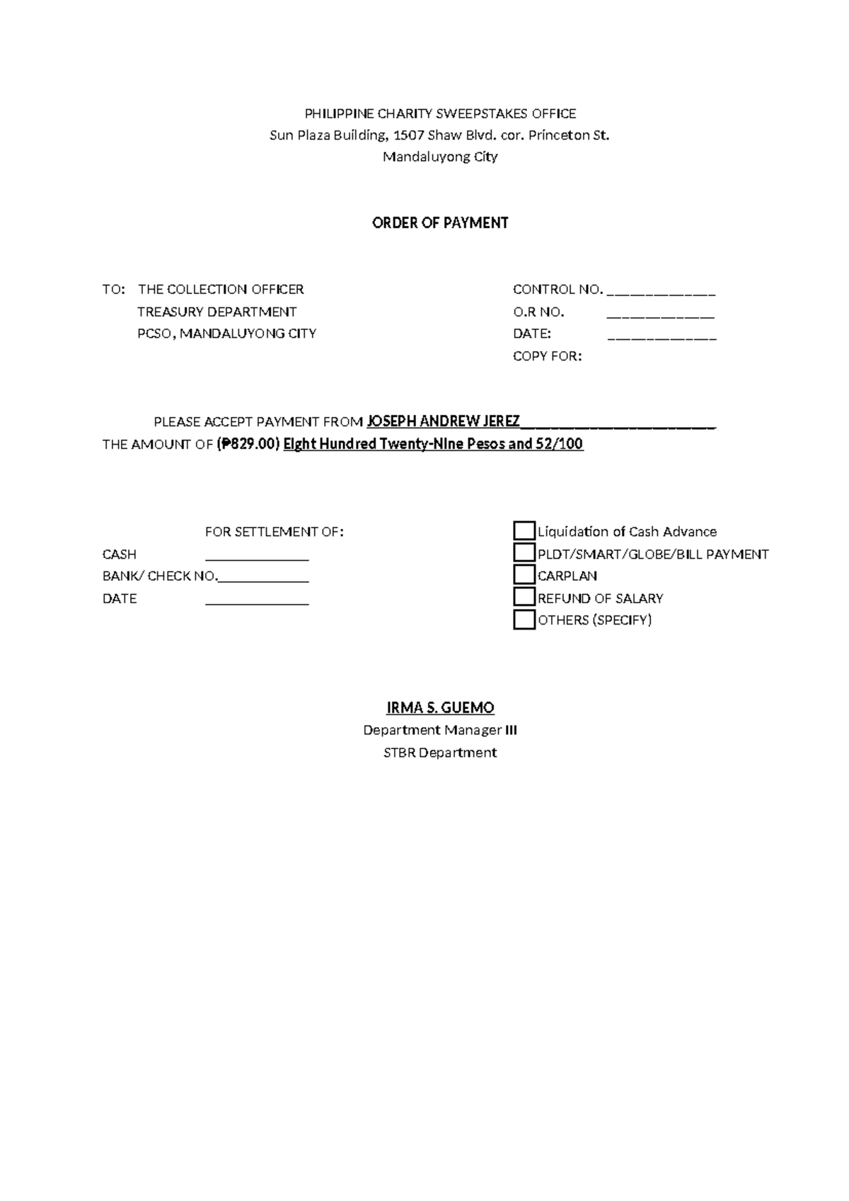 Order-OF- Payment - AAAA - PHILIPPINE CHARITY SWEEPSTAKES OFFICE Sun ...