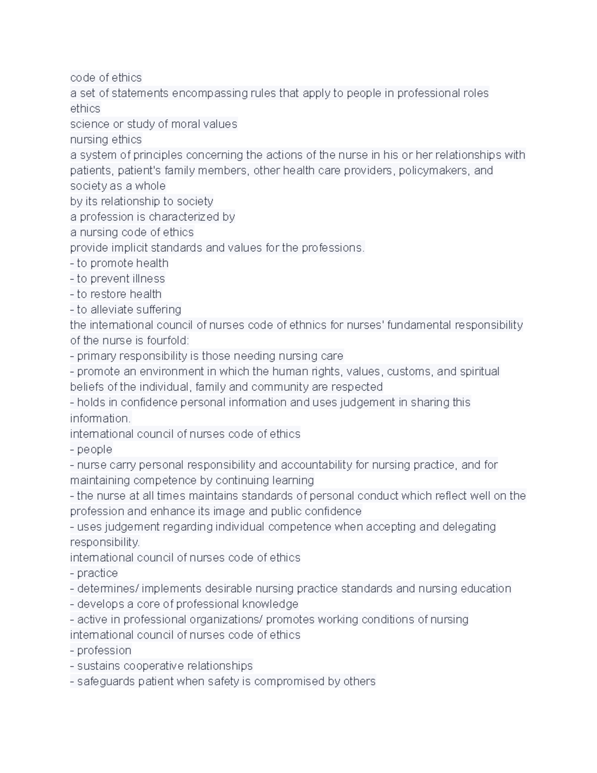 Nursing 101 lecture notes - code of ethics a set of statements ...