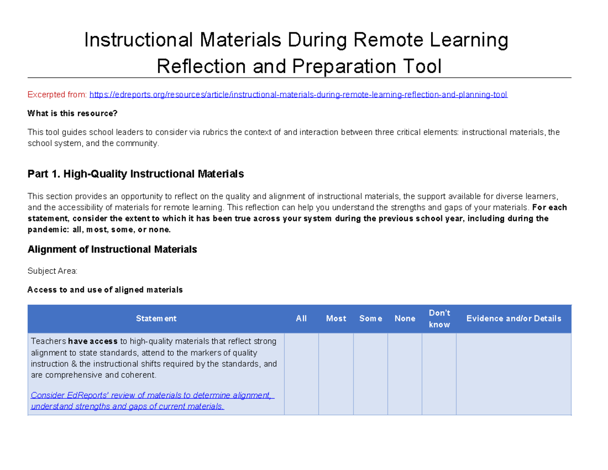 Remote Learning Rubrics Tool - Instructional Materials During Remote ...