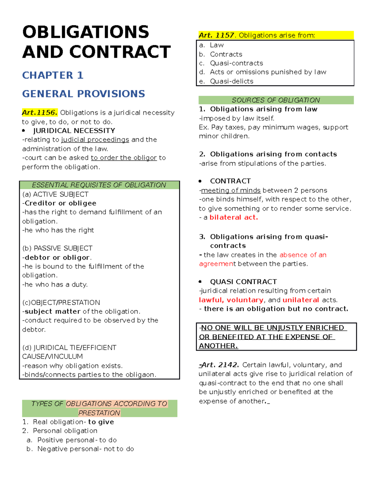 Oblicon - OBLIGATIONS AND CONTRACT CHAPTER 1 GENERAL PROVISIONS Art. Obligations is a juridical ...