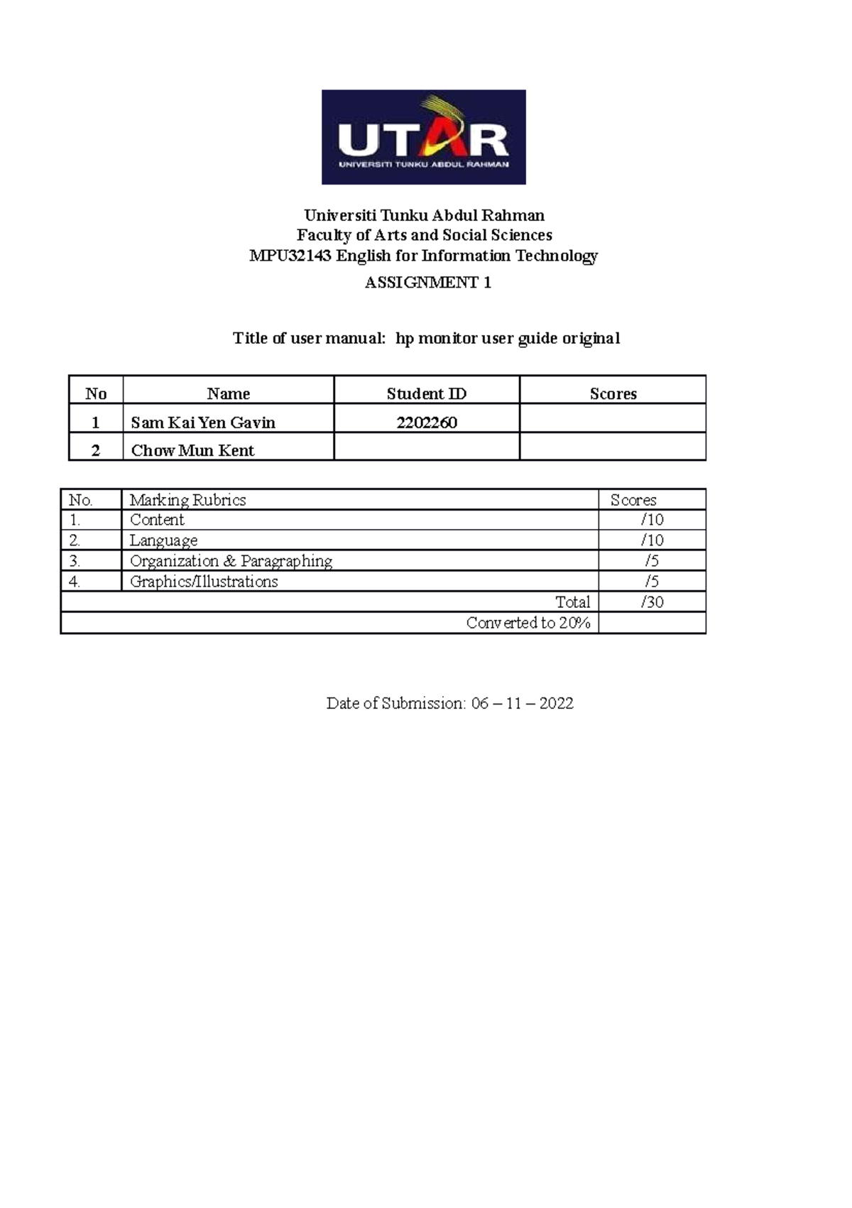 T13 Sam Kai Yen Gavin , Chow Mun Kent Assignment 1 - Universiti Tunku Abdul Rahman Faculty of ...