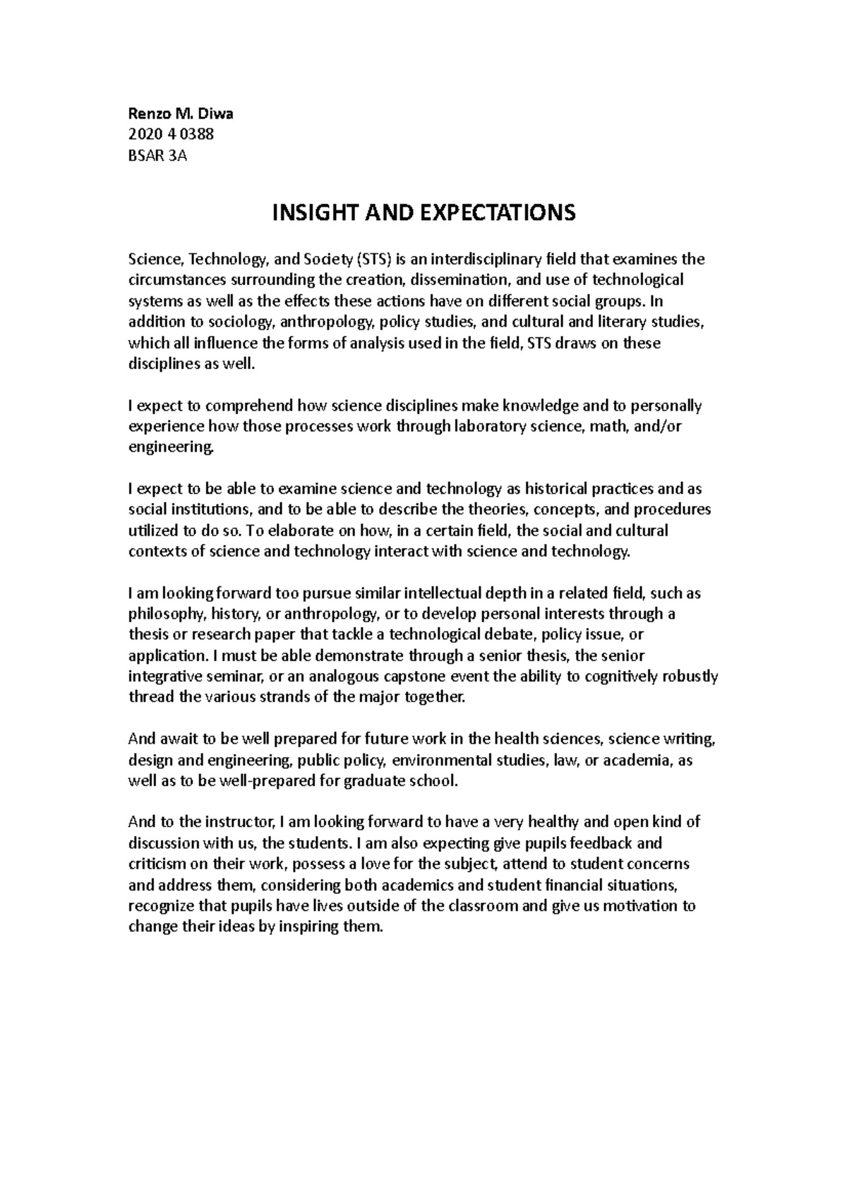 STS Insight AND Expectations - Renzo M. Diwa 2020 4 0388 BSAR 3A ...