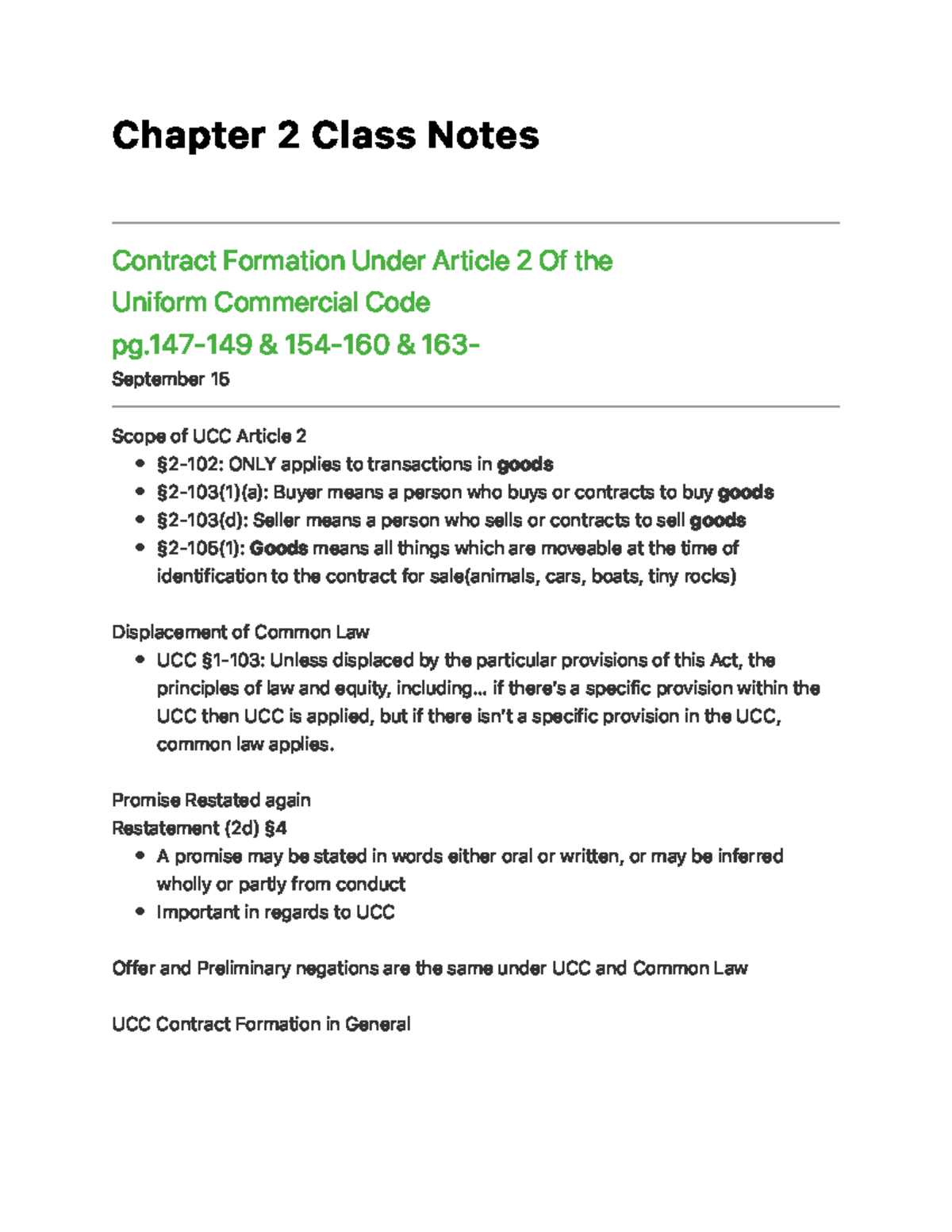 UCC - Professor Case - C h a p te r 2 C l a ss N o te s Contract ...