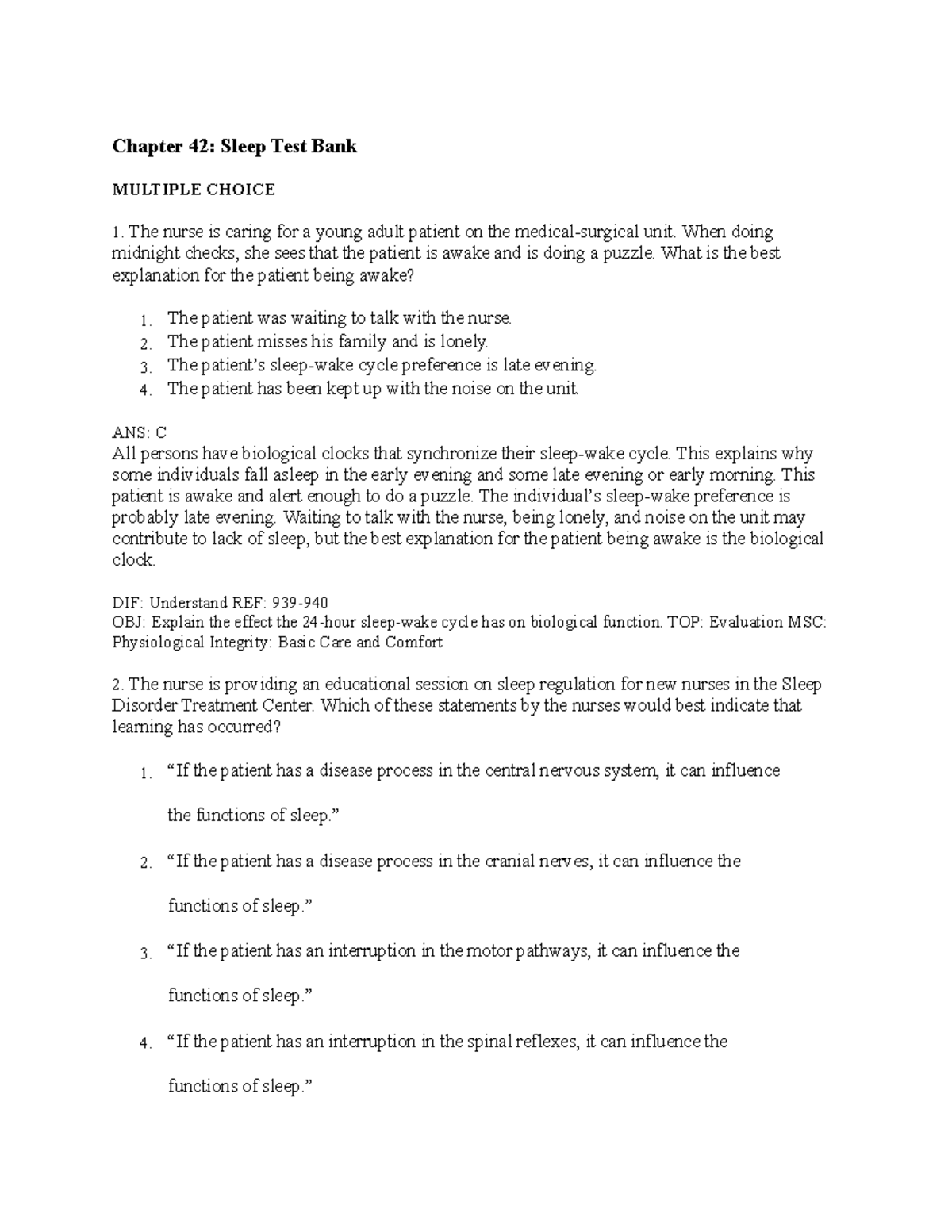 Sleep test bank - lecture notes - Chapter 42: Sleep Test Bank MULTIPLE ...