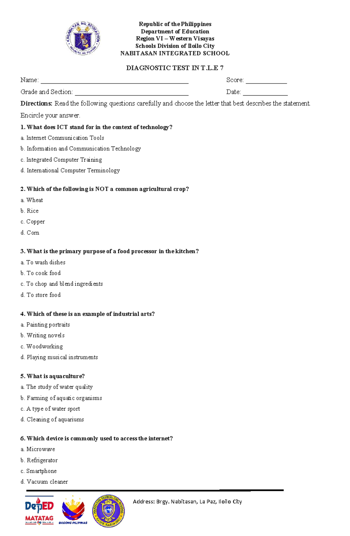 DIAGNOSTIC EXAM 10 - Republic of the Philippines Department of ...