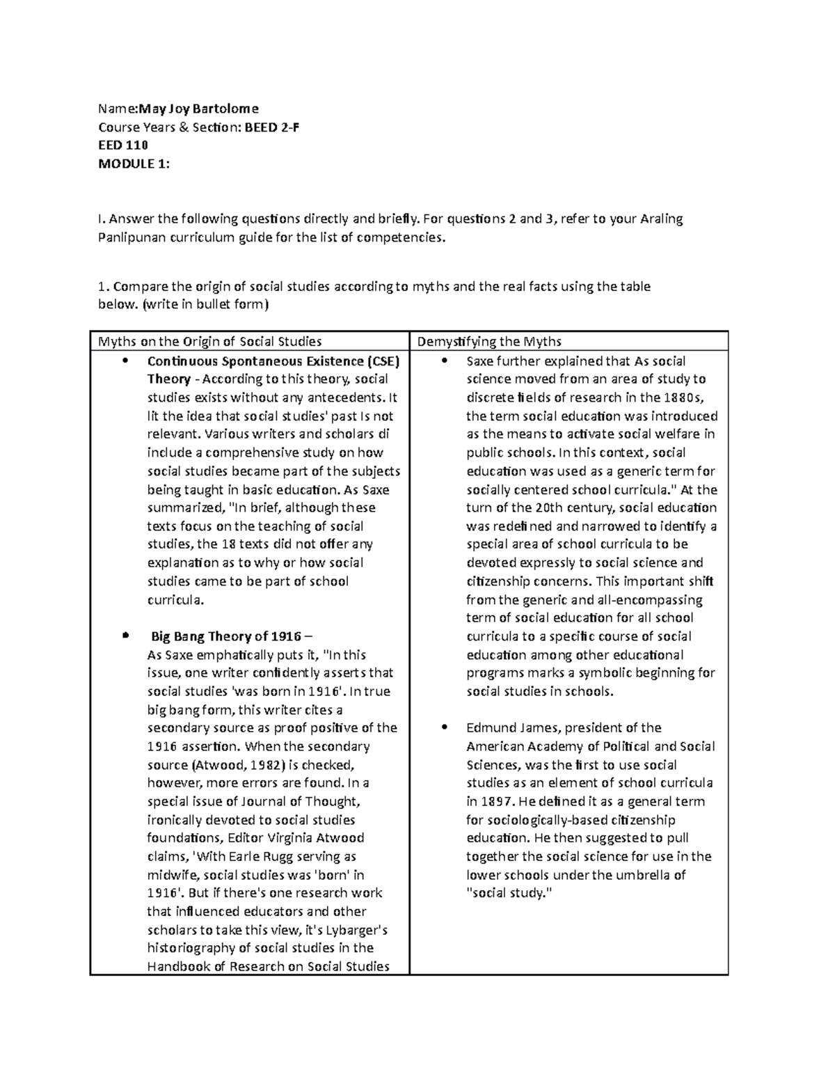 EED 110 Module 1 - Learning Competencies: Student will earn their place ...