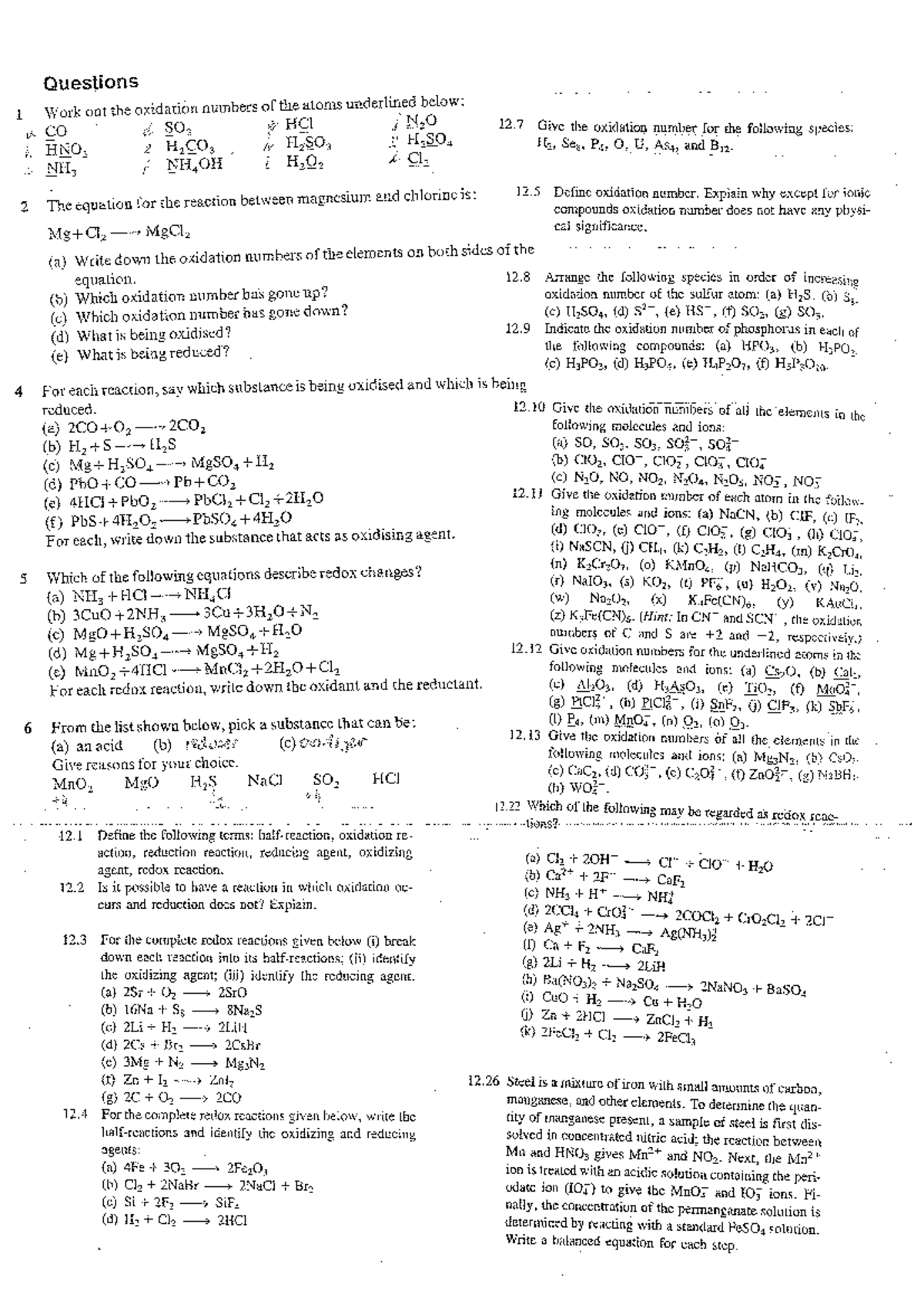 Oxidation Numbers Qs - Studocu