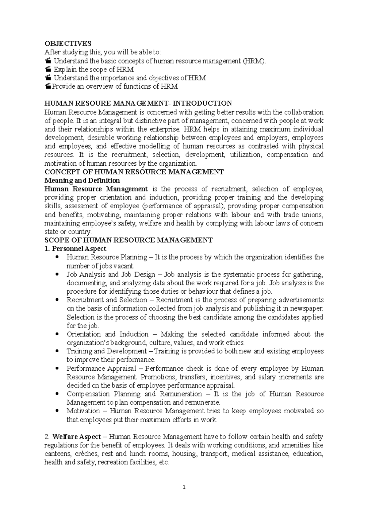 Lesson 1- Intro to Human Resoure Management - OBJECTIVES After studying ...
