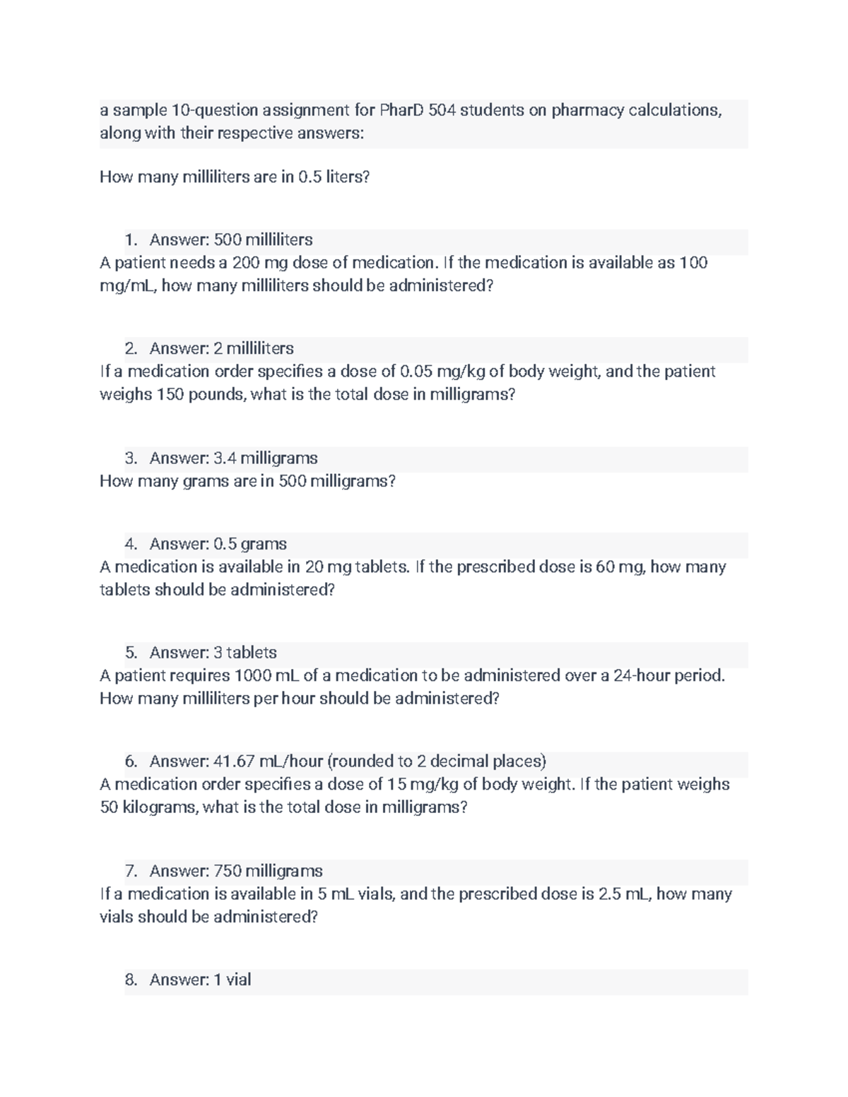 A sample 10-question assignment for Phar D 504 students on pharmacy ...