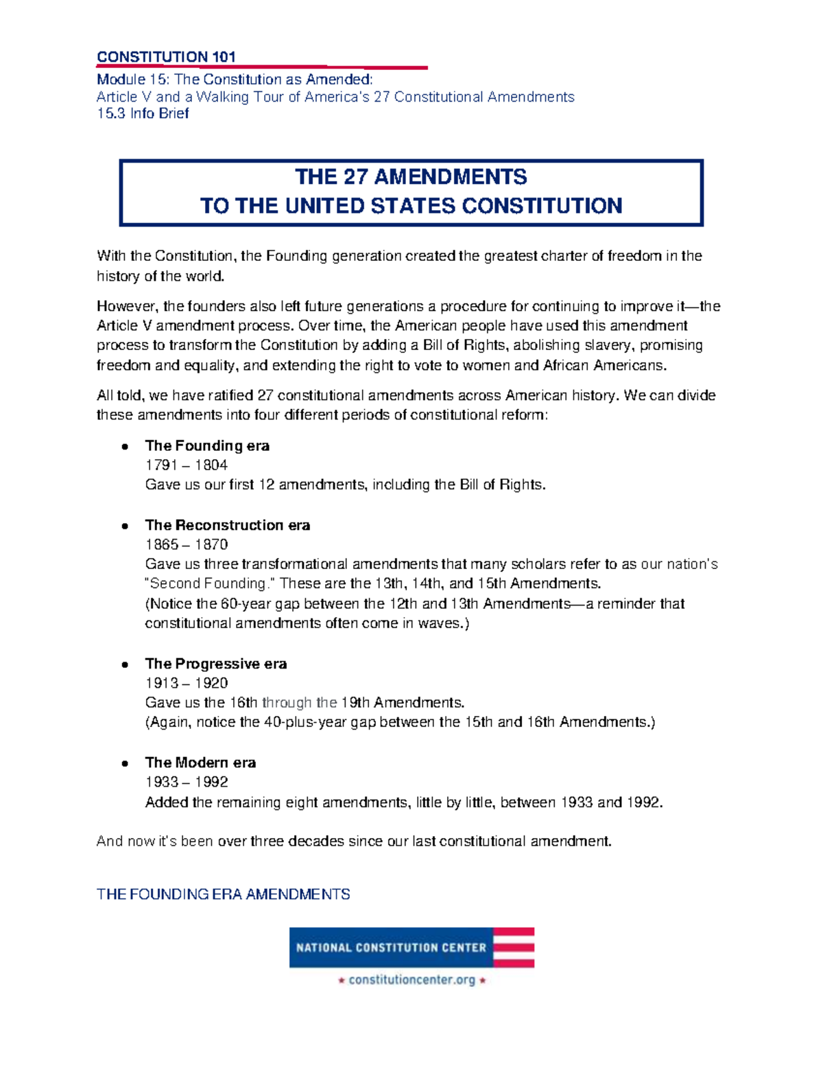 US Ammendments - notes outline - Module 15: The Constitution as Amended ...