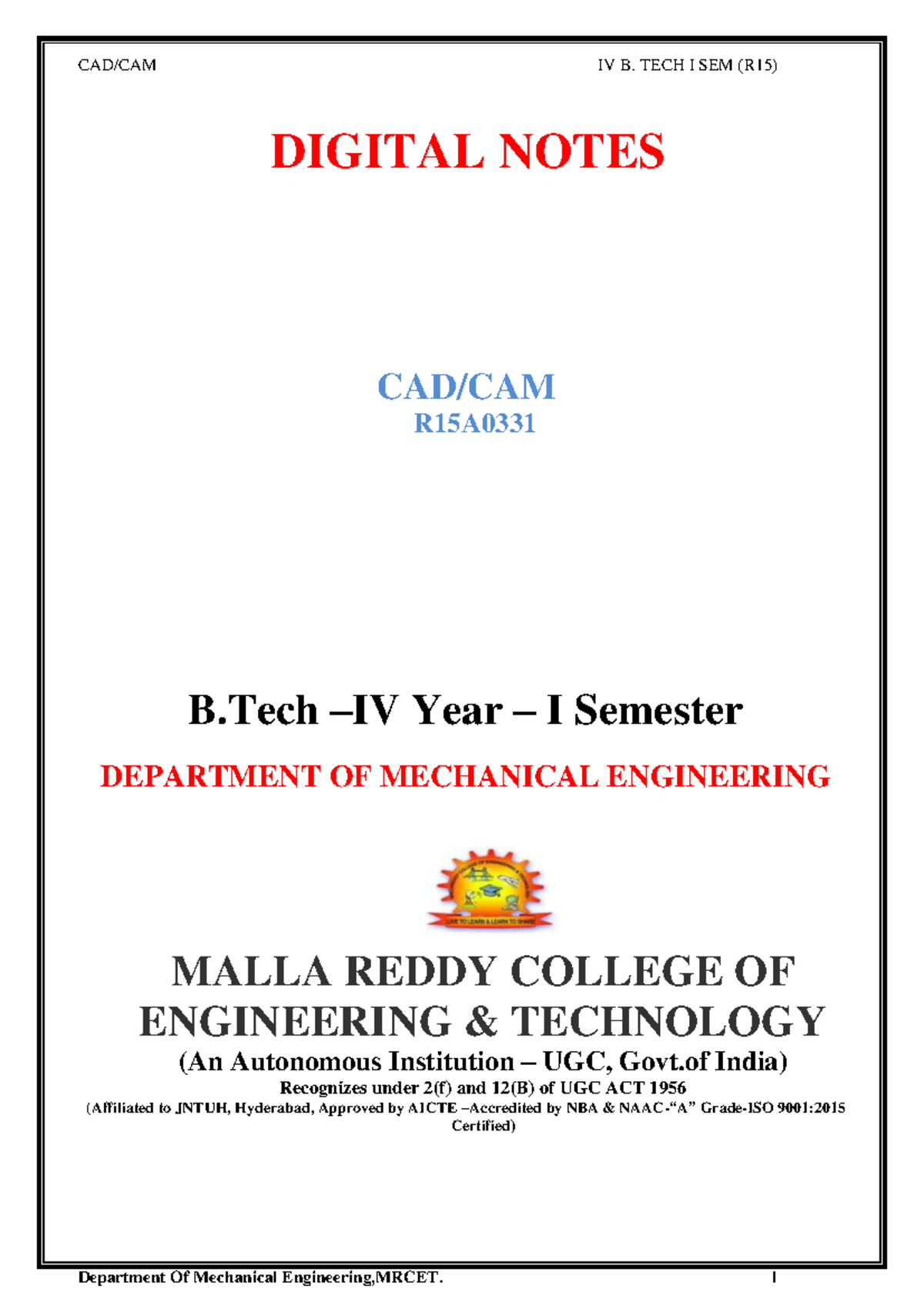 CAD CAM Digital Notes - DIGITAL NOTES CAD/CAM R15A B – IV Year – I ...