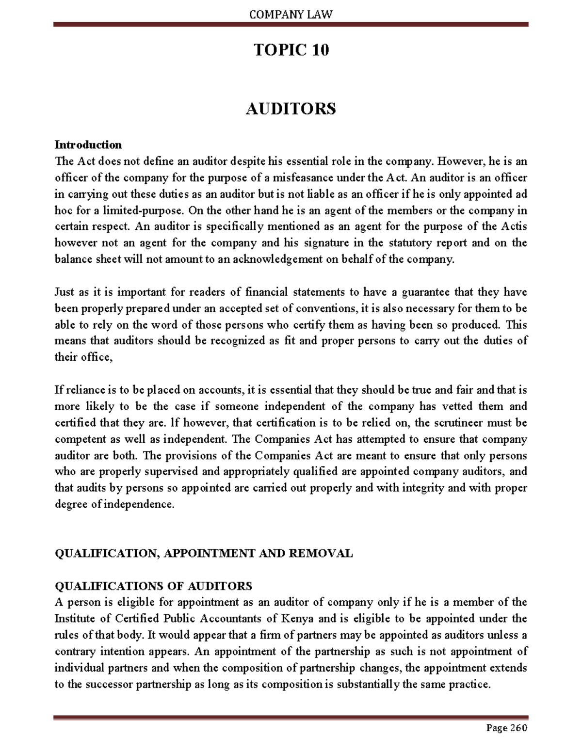 Company LAW Lesson FIVE Notes - TOPIC 10 AUDITORS Introduction The Act ...