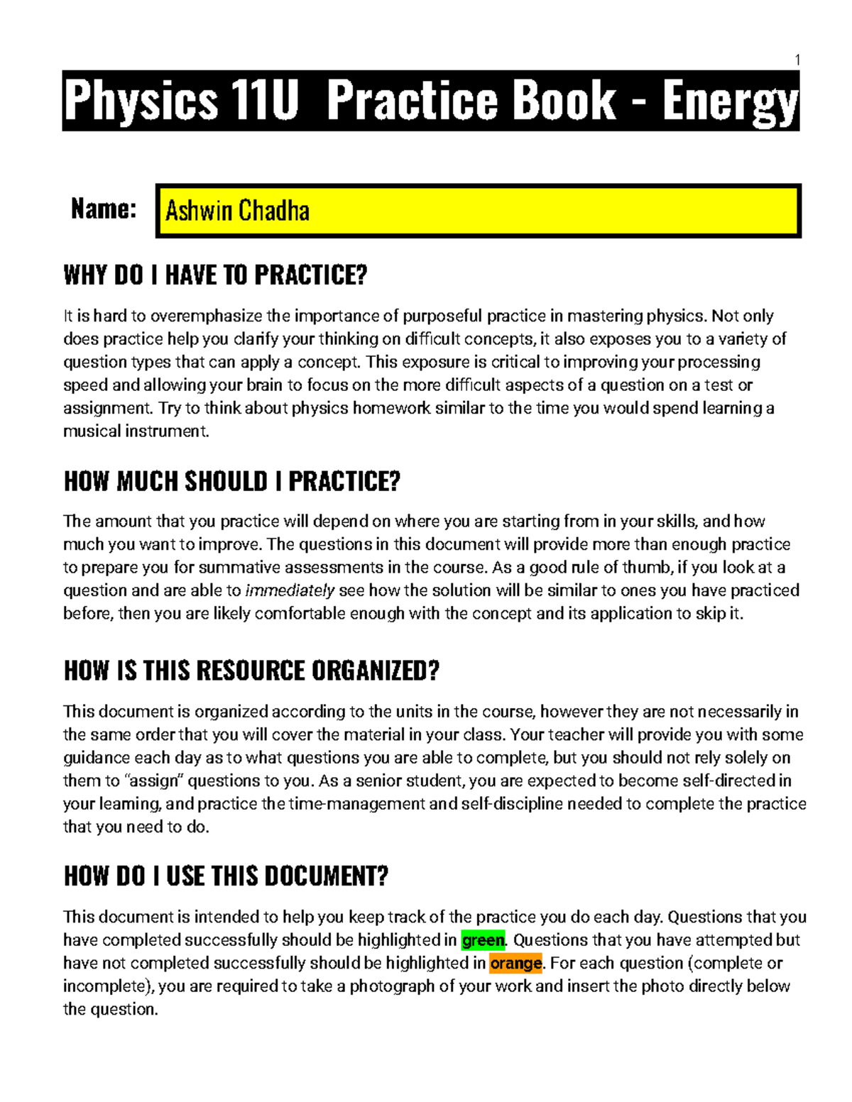 Physics 11U Course Practice Book - Energy - Physics 11U Practice Book ...