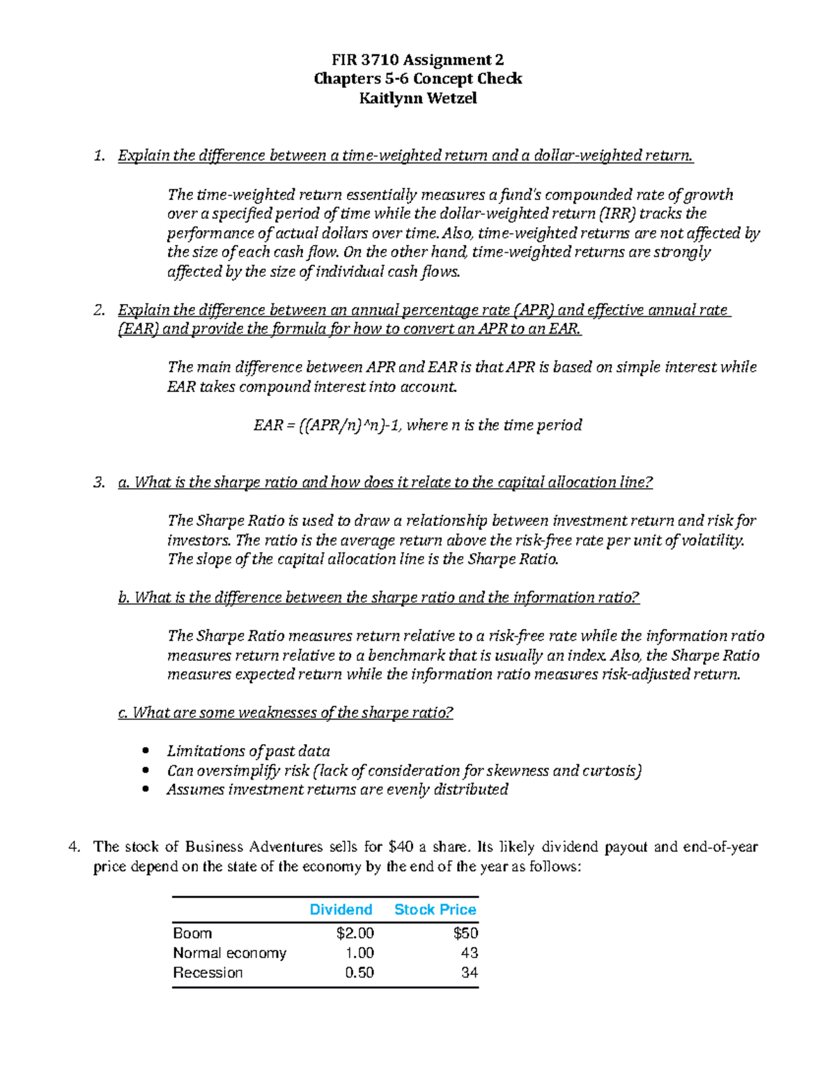 FIR 3710 Assignment 2 Fall 2019 - FIR 3710 Assignment 2 Chapters 5-6 ...