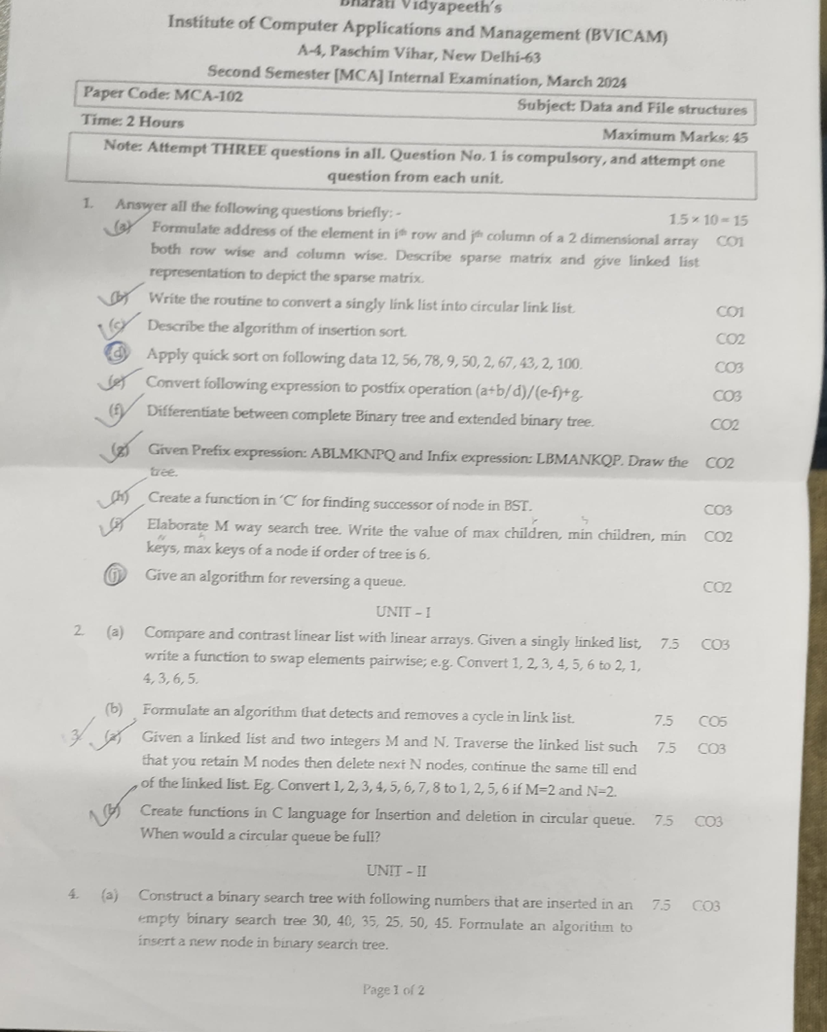 Internal Papers - Semester 2 - Paper Code: MCA- Time: 2 Hours 1. Instítute of Computer ...