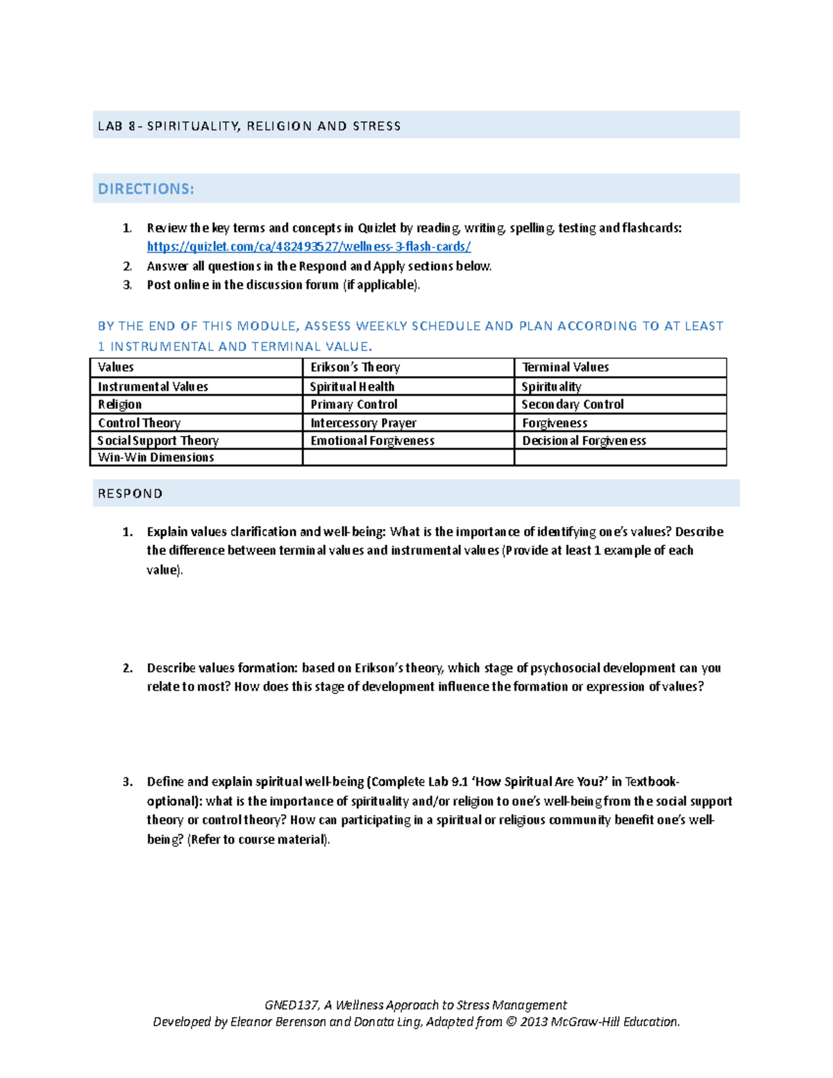 GNED 137 - Lab 811 - ...... - LAB 8- SPIRITUALITY, RELIGION AND STRESS ...